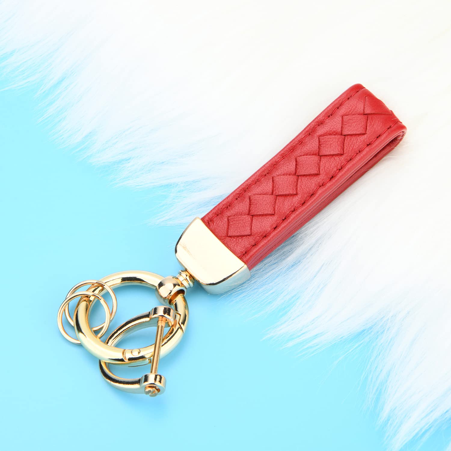 Lemospark Suede Genuine Leather Hand Knitting Keychain with Detachable Key Rings for Car and Home Keys Holder for Women Men (D-Red)