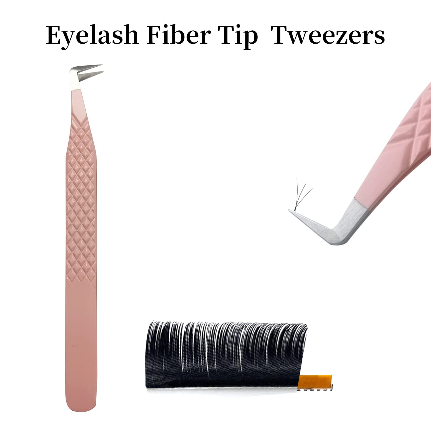 SZELES Fiber Tip Tweezers Diamond Grip Eyelash Extensions Tweezer Anti-Slip solation Volume Lash Tweezers For Lash Tweezers (FTT2-PINK)