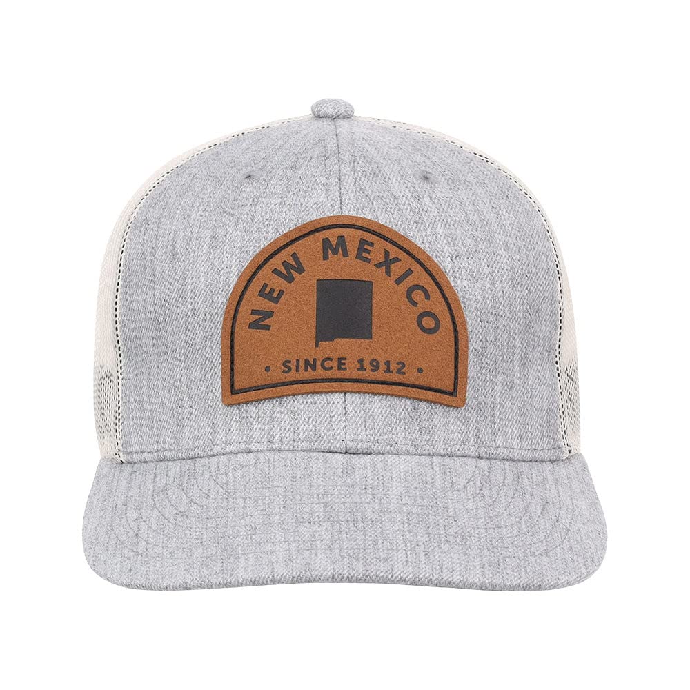 Local Crowns New Mexico Heather Leather State Patch Curved Trucker Flag Adjustable Heather-Gray, White, and Brown Snapback Cap