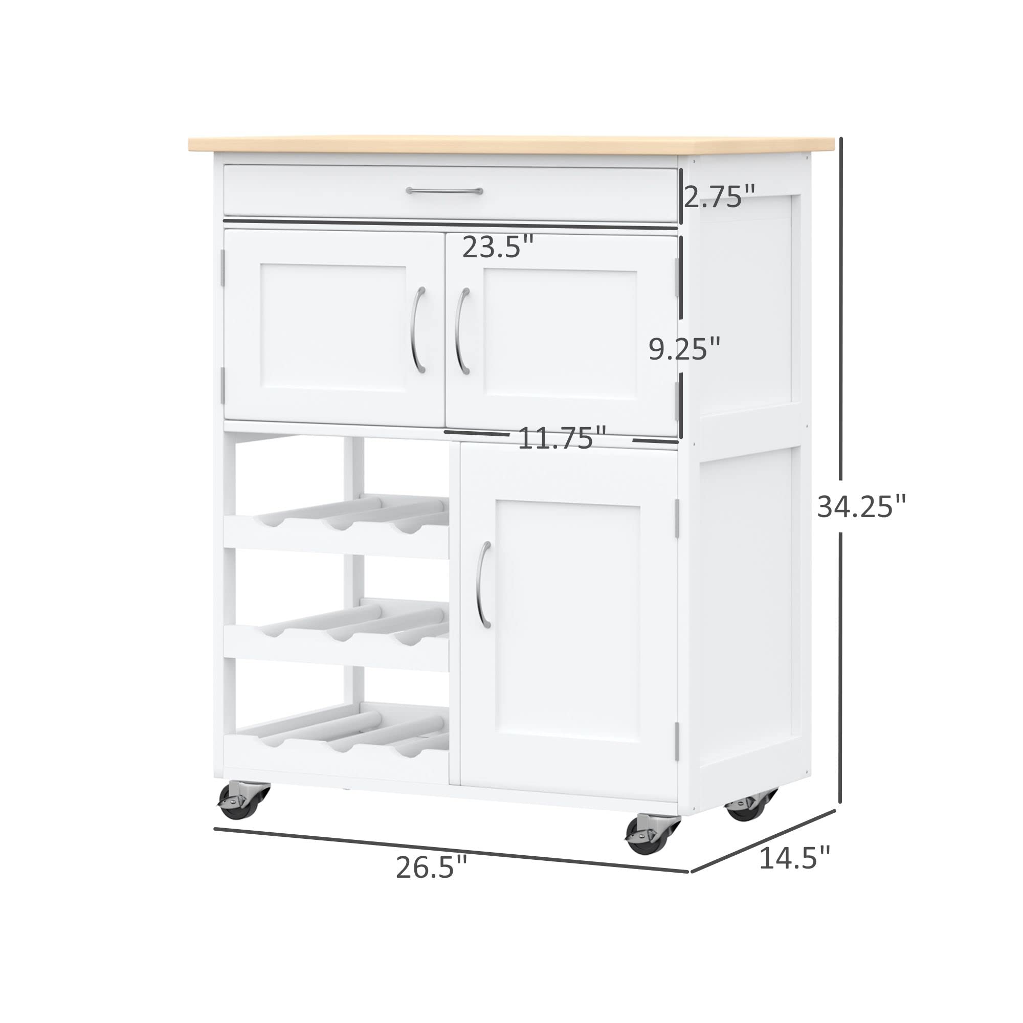 HOMCOM Bar Cart Rolling Kitchen Island on Wheels with 9-Bottle Wine Rack, Small Kitchen Cart with Wide Drawer, Kitchen Storage Cabinets, Wooden Countertop, White