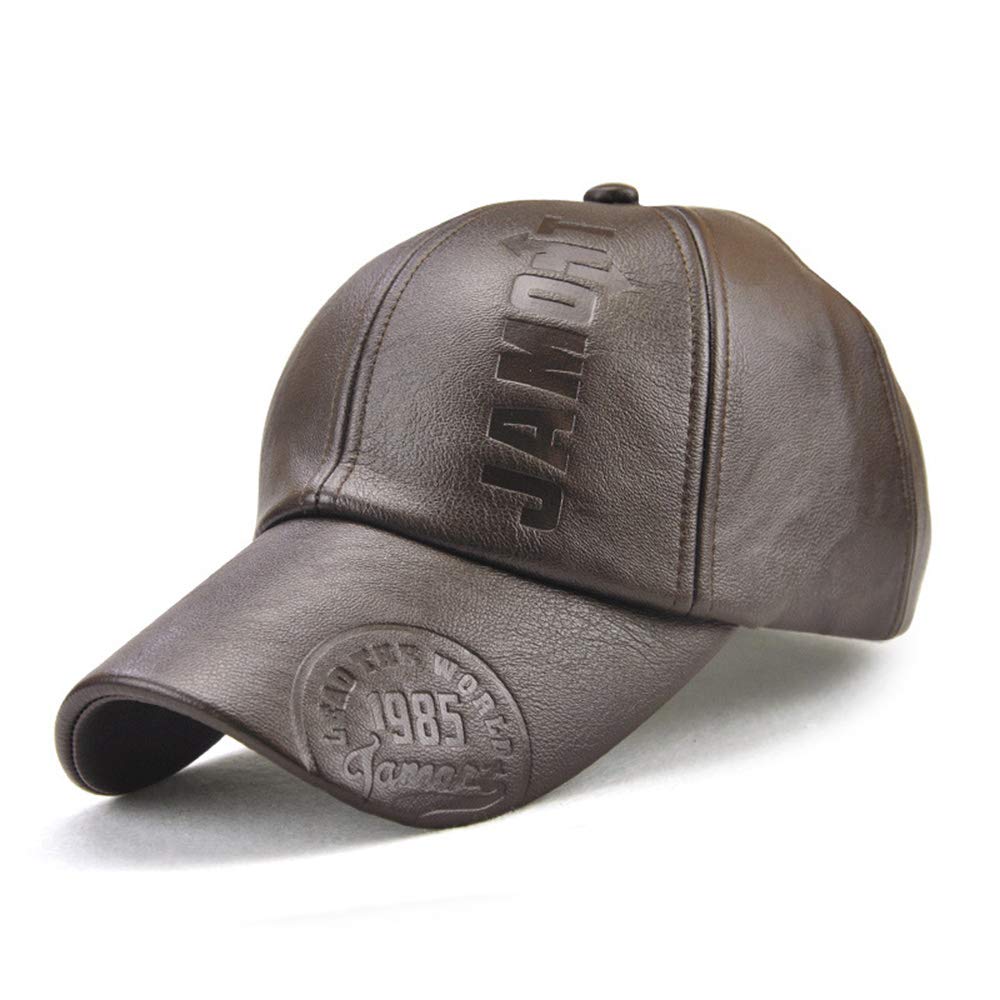 JAMONT PU Leather Baseball Cap Casquette Flat Hat with Printed Letters (Dark Coffee)