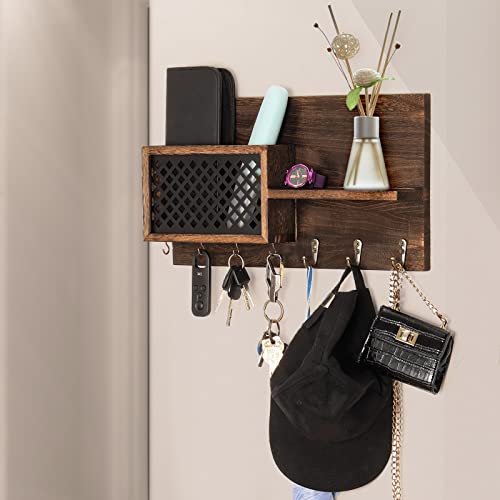 Wooden Key and Mail Holder for Wall Decorative-with 7 Key Hooks and A Floating Shelf Includes Letter Holder and Hooks for Coats, Dog Leashes β Rustic Home Decor for Entryway or Mudroom,Kitchen,Office