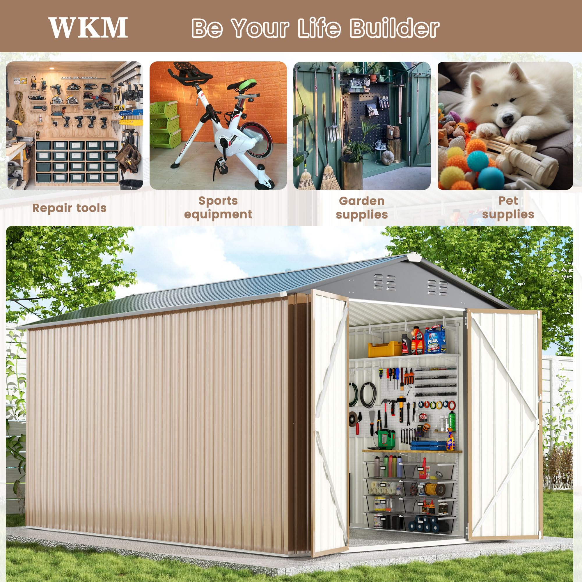 WKM Outdoor Storage Shed 8x12 FT, Utility Metal Tool Storage with Lockable Doors and Updated Frame Structure, Large Metal Garden Shed for Backyard, Patio Lawn, Brown