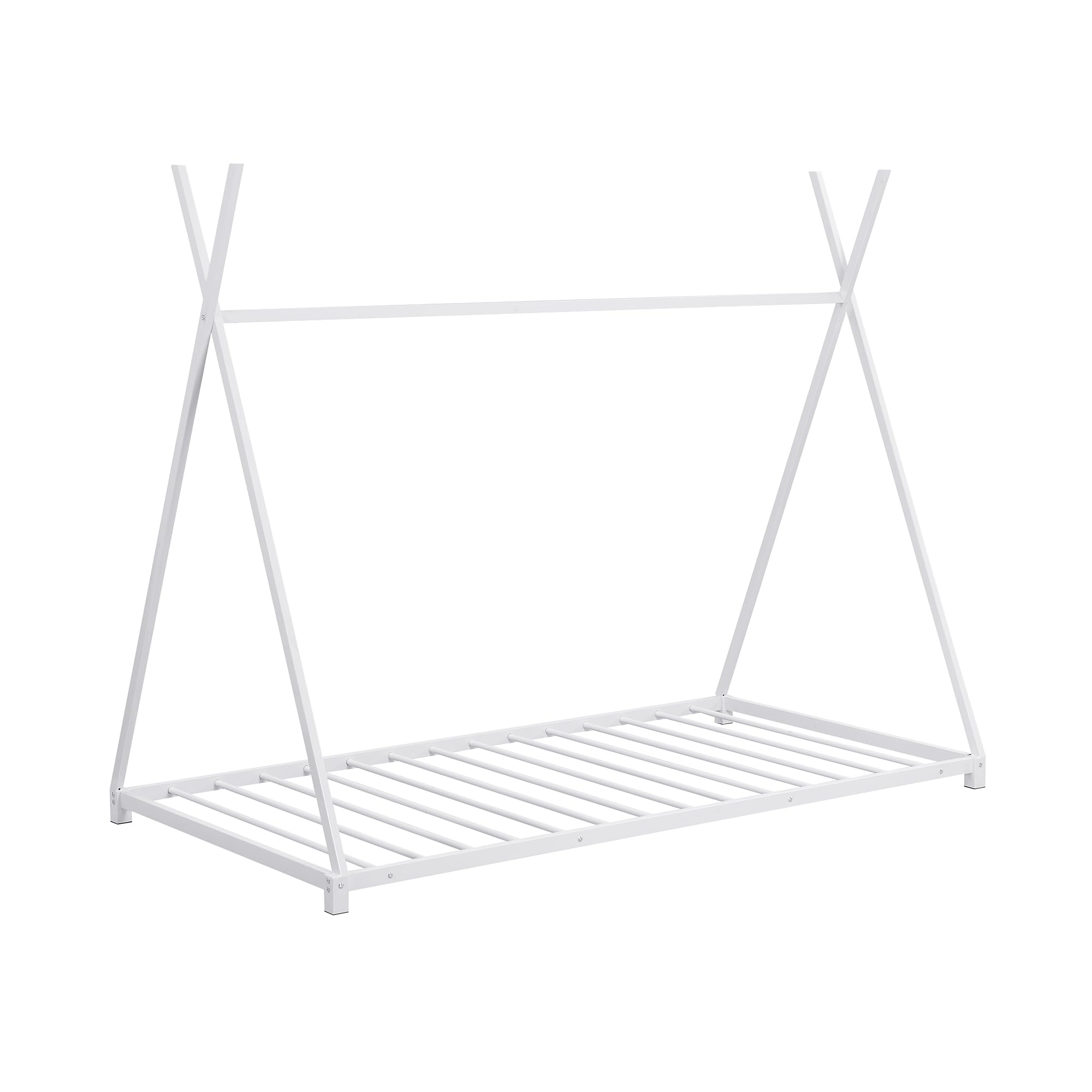 Twin Floor Bed with Slats and Triangle Structure, Montessori Floor Bed Frame Twin Size, Twin Size House Floor Bed/Montessori Bed for Kids, Girls, Boys, White