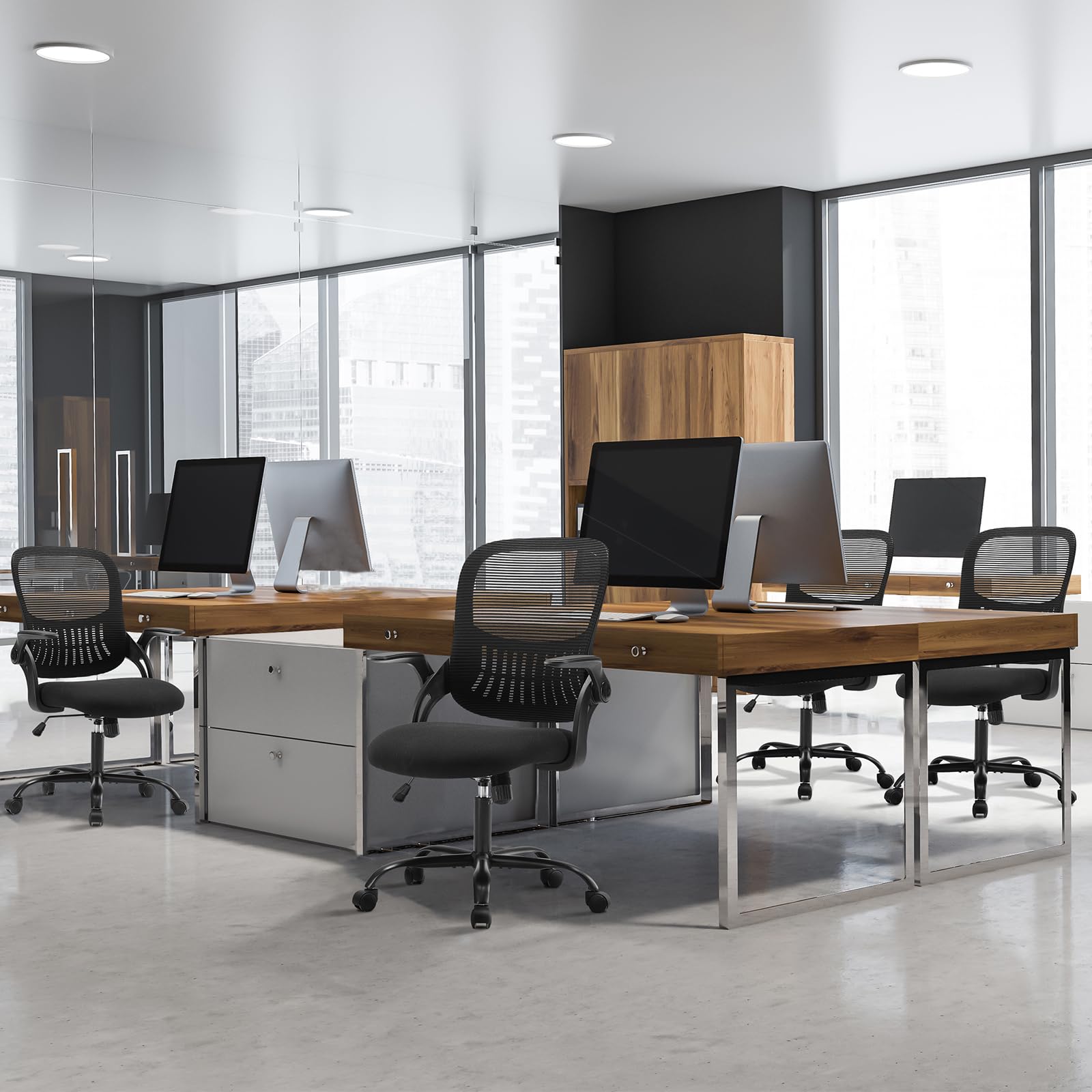 JHK Office Desk Computer Flip-up Armrests, Adjustable Height Mid Back Lumbar Support Padded Seat, Ergonomic Home 360° Swivel Rolling Rocking Mode Breathable Mesh Modern Executive Chair, Dark Black