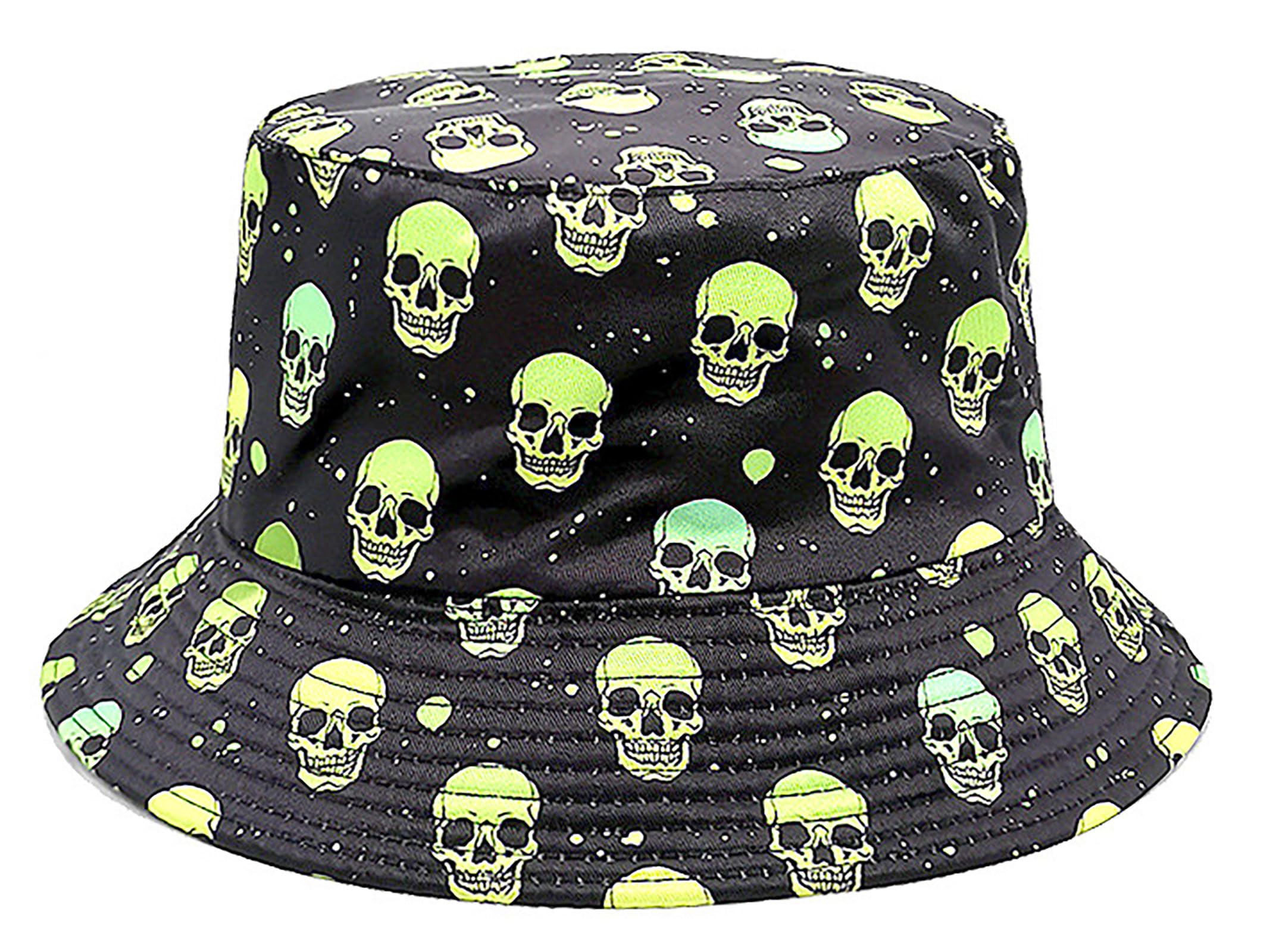 IHAUIUE Skull Print Bucket Hat Halloween Pattern Fisherman Cap Reversible Packable Sun Hats for Women, Men, Small Green Skull