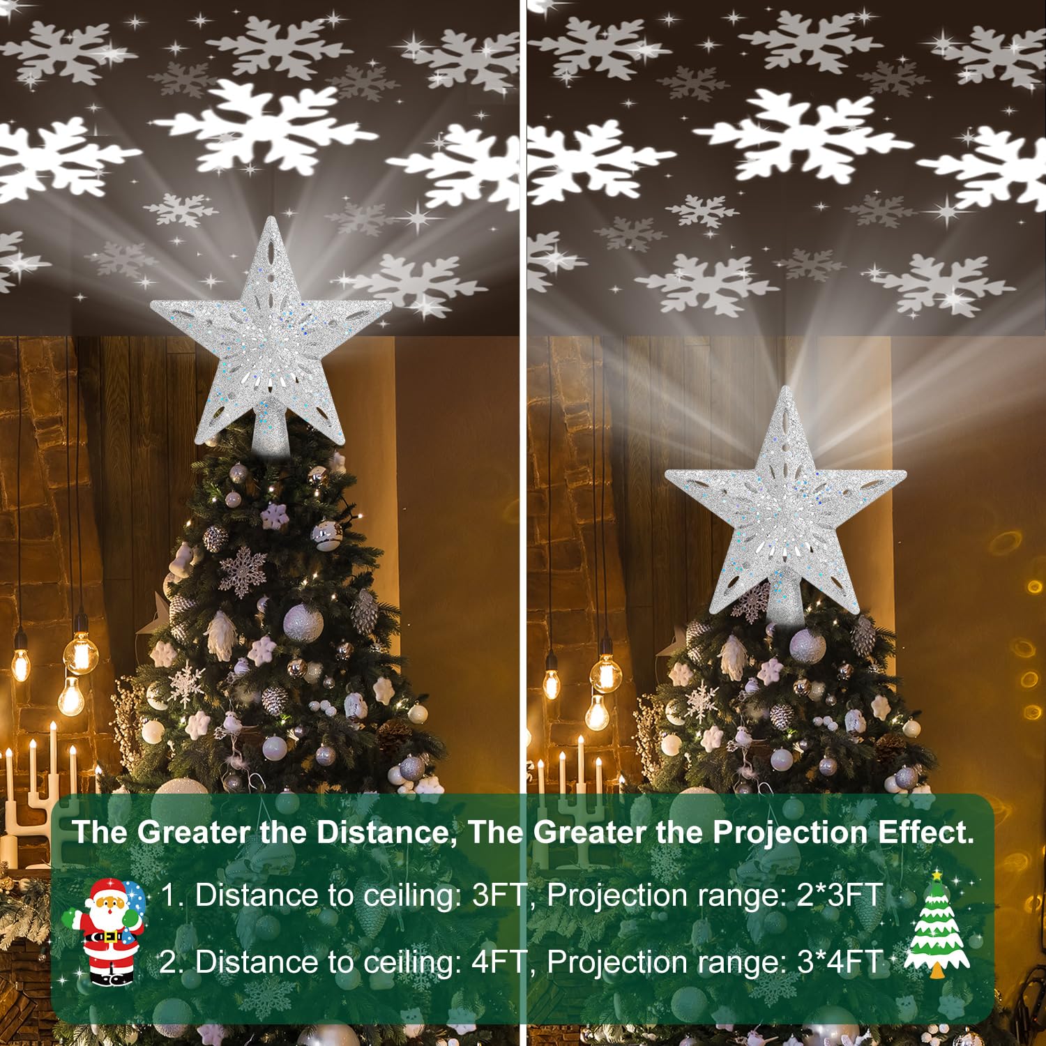 Kesfitt Christmas Tree Topper Lighted with 6 Projection Modes,Christmas Star Tree Topper Built-in LED Rotating Lights,Gold 3D Glitter Dynamic Projection for Xmas Party Holiday Decorations