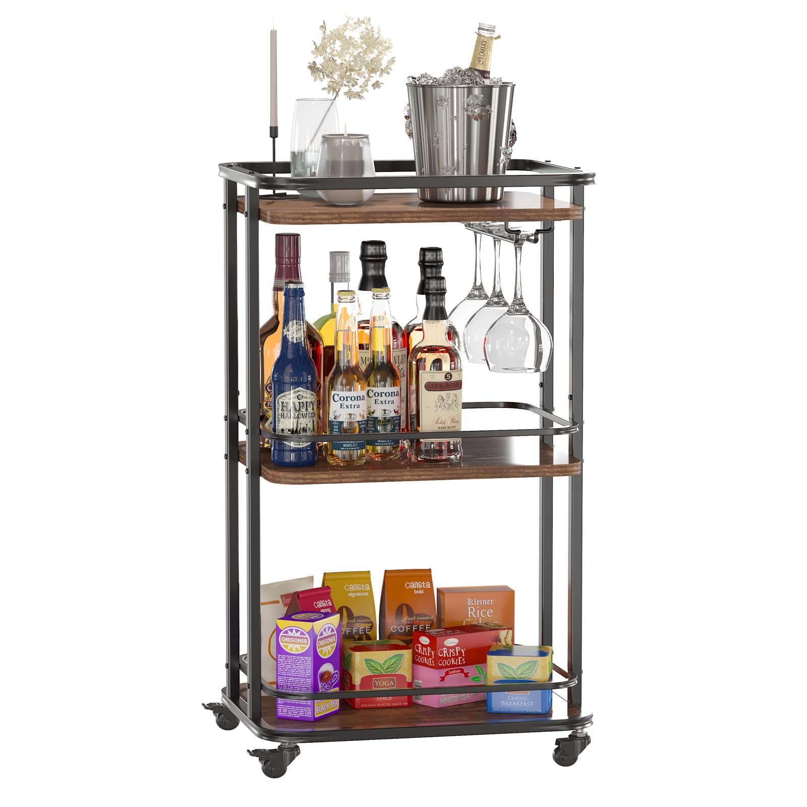 IBUYKE 3-Tier Home Bar Serving Cart,Kitchen Storage Carts with Wheels,11.79x15.72x33.01 inches,Rolling Mini Bar Cart for Home, Outdoor, Kitchen, Bedroom TMJ319H