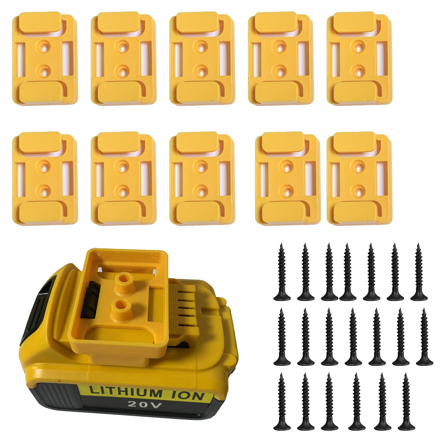 SZWJT-LV Battery Rack Compatible DeWalt 20V Battery Holder, Battery Garage Tool, Dewallt 20v Tools, Wall Display Hook Holder (10PCS, Yellow)