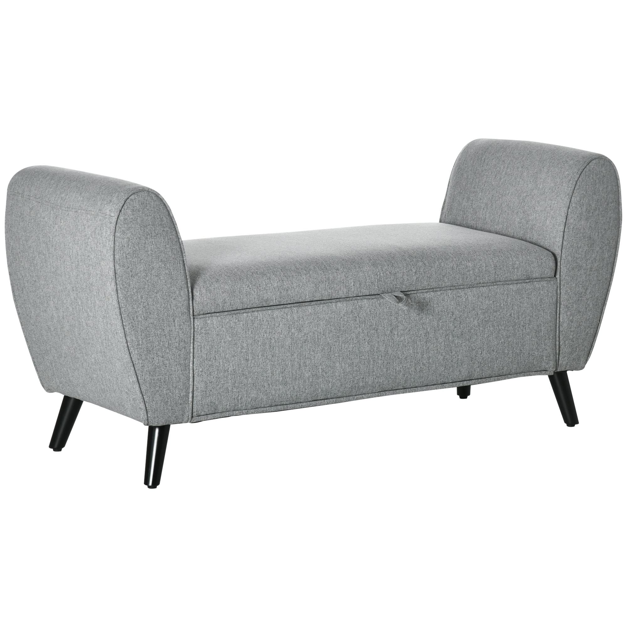 HOMCOM Upholstered Storage Ottoman, Armed Storage Bench with Rubber Wood Legs for Living Room, Light Gray