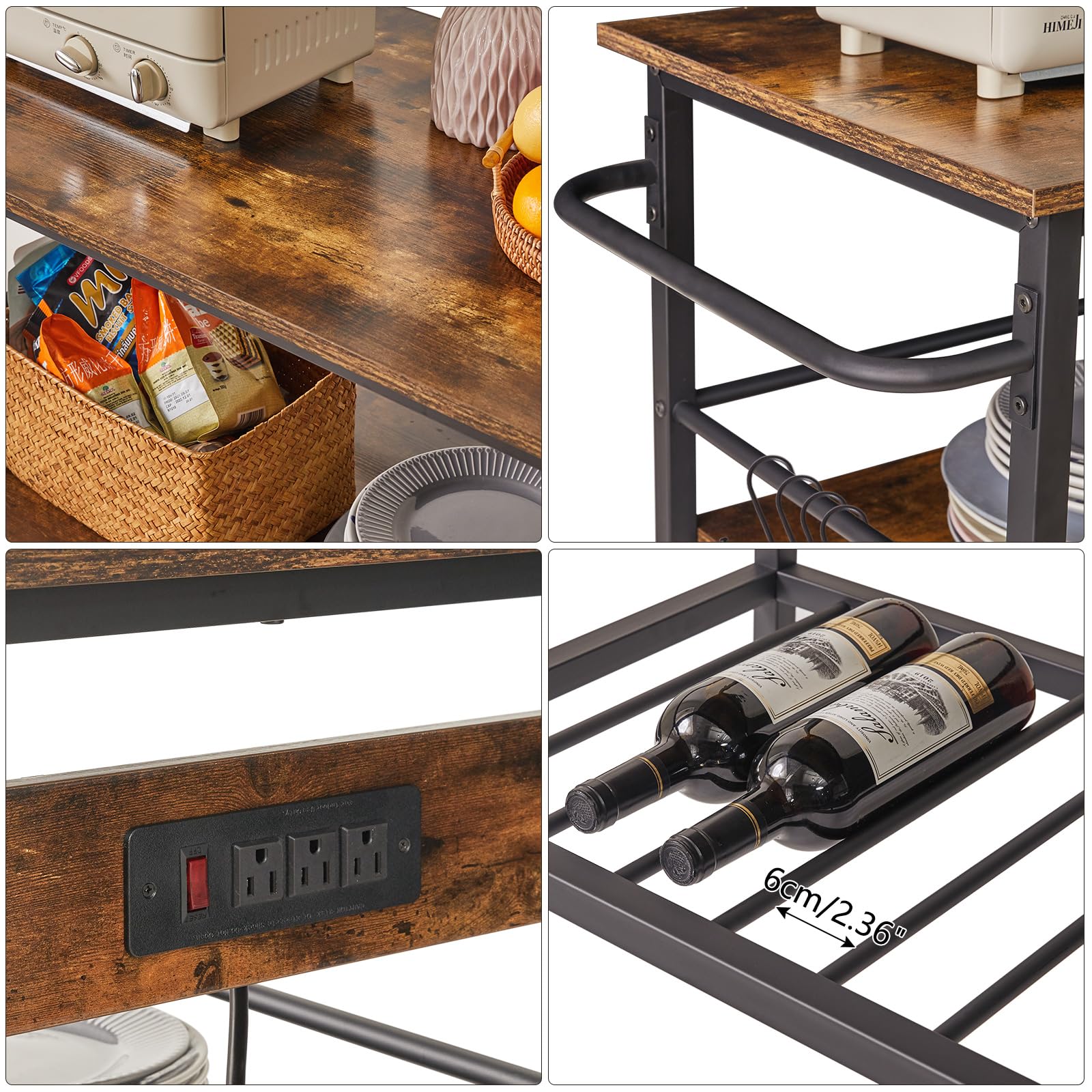 IBUYKE Kitchen Island with 3 Shelves, Island Table for Kitchen with Power Outlet,Kitchen Cart with Large Worktop,Rolling Bar Cart for Home, Outdoor, Kitchen, Living Room TMJ024H