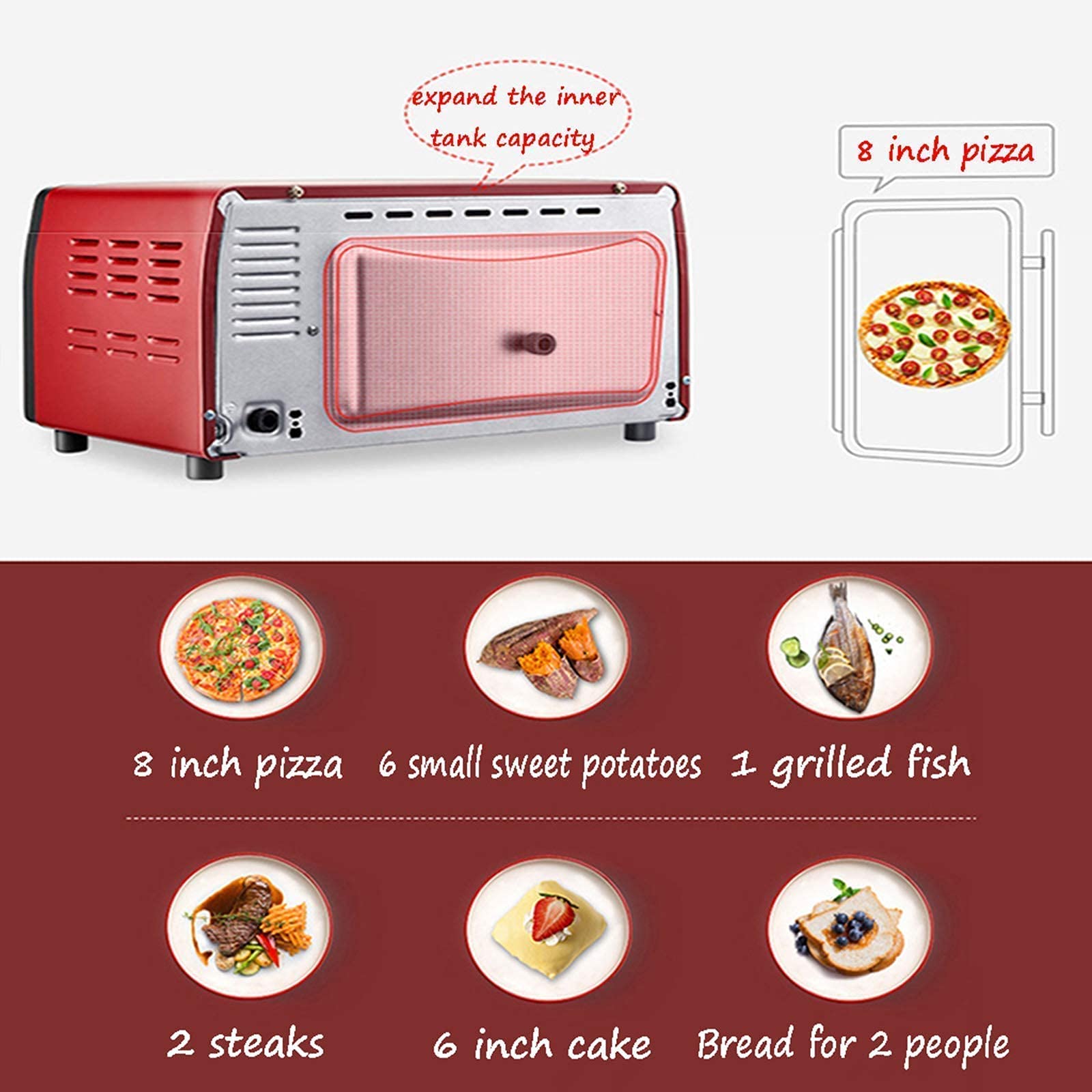 Household Intelligent 12L Electric Oven,Multifunctional Large Capacity Chicken Oven Microwave Oven with Bakeware Pizza Baking Mini Oven Red (Red) (Red)