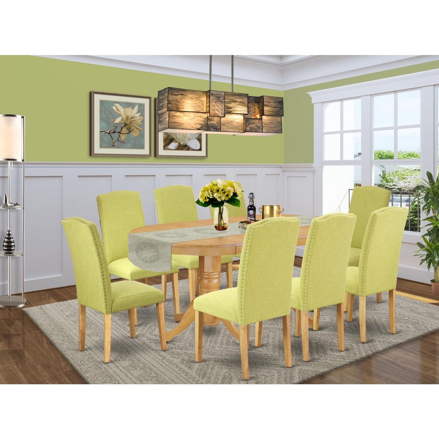 HomeStock Lakeside Living 9 Pc Kitchen Set for 8 Dining Table with Leaf and Eight Parson Chair with Oak Leg and Linen Fabric Limelight