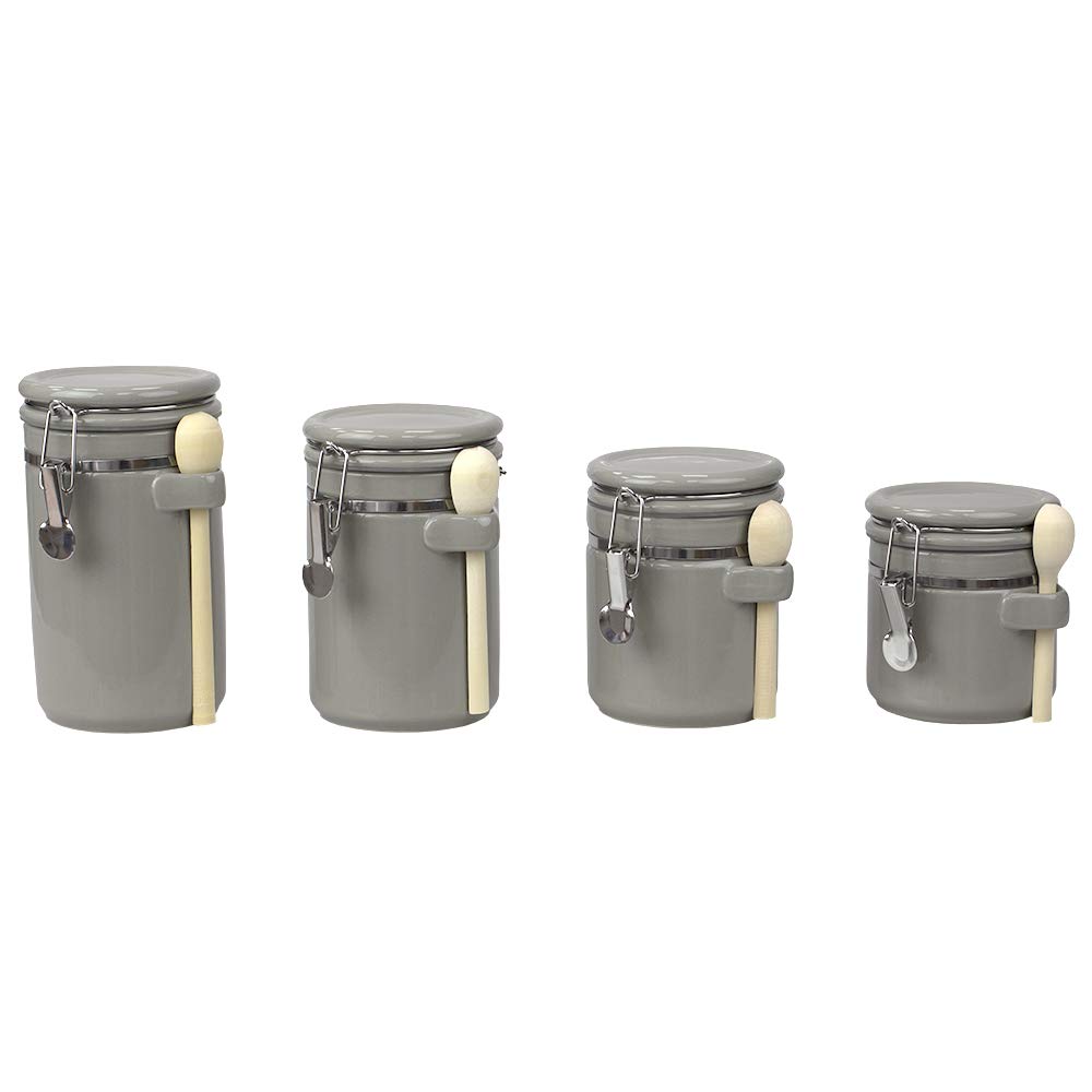 Home Basics Canister Sets For The Kitchen (4 Piece Set) Grey, High Gloss Ceramic Decorative Kitchen Set | With Wooden Spoons, Countertop Set For Flour, Sugar, Coffee, and Snacks