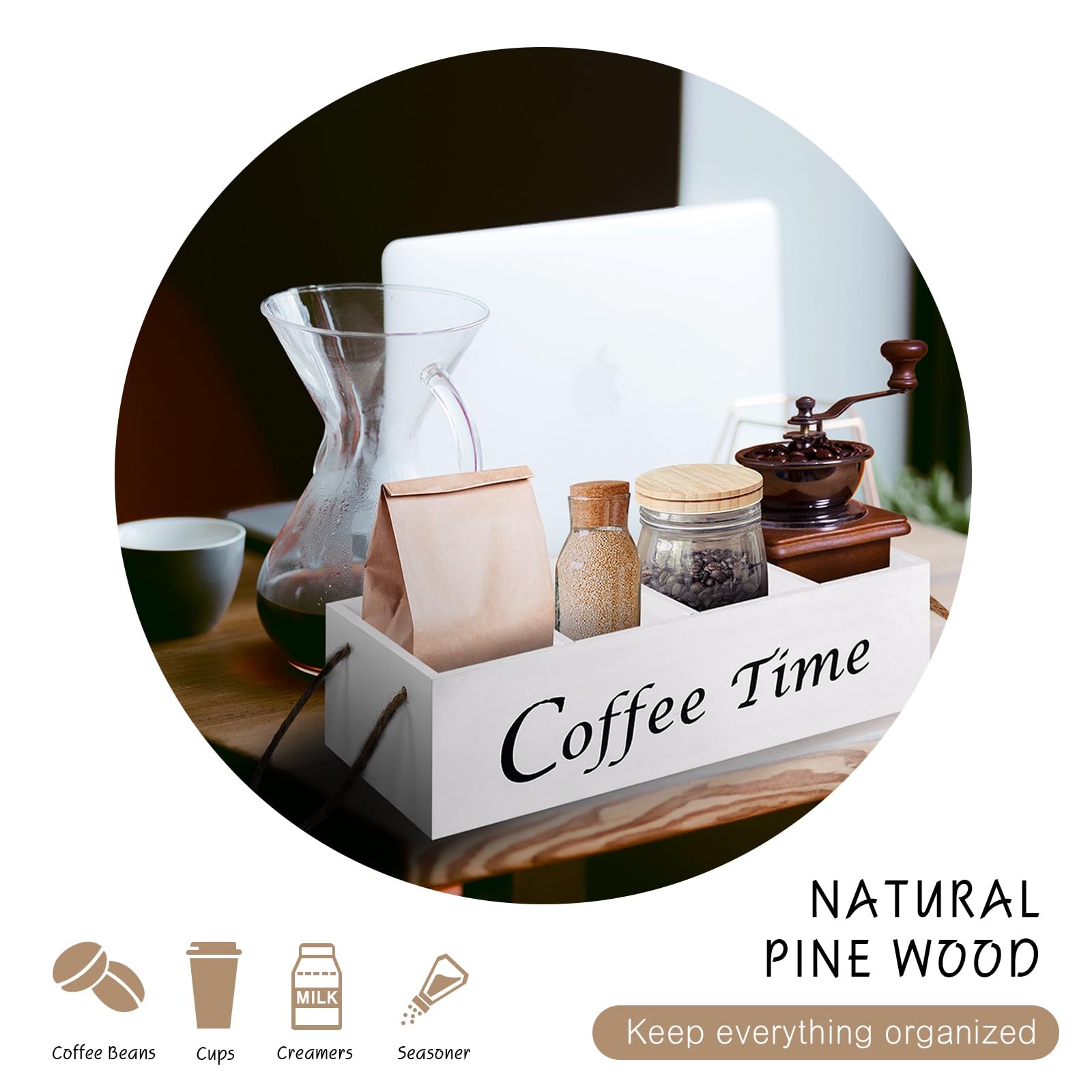 LadyRosian Coffee Station Organizer - 2 Funny Sides Wooden Coffee Bar Organizer with Removable Dividers for Countertop, White