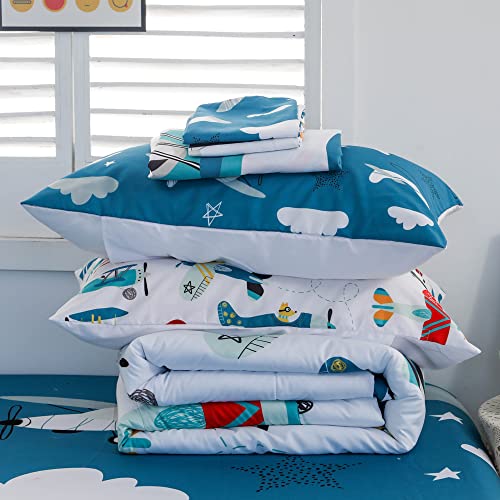 Yasida 7 Piece Airplane Comforter Set for Boys and Girls, Comforters Queen Size Bed in a Bag, Microfiber Kids Bedding for All Season (1 Comforter,1 Flat Sheet,1 Fitted Sheet,4 Pillowcases)