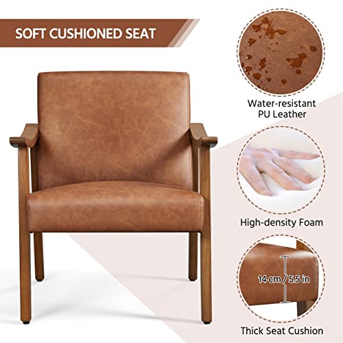 Yaheetech PU Leather Accent Chair, Mid-Century Modern Armchair with Solid Wood Legs, Reading Leisure Chair with High Back for Living Room Bedroom Waiting Room, Light Brown 1
