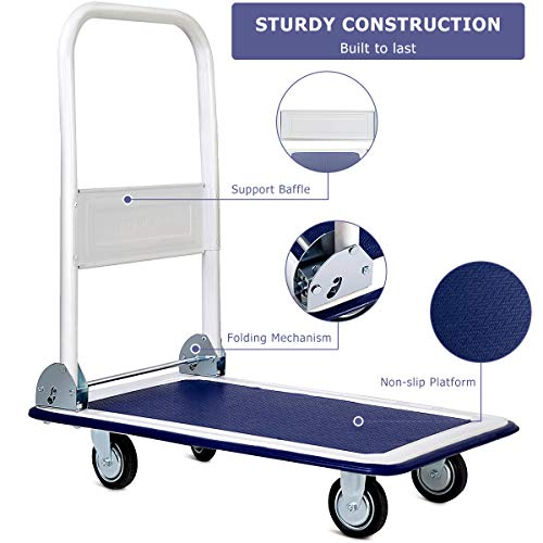 Safstar Folding Push Cart Dolly, Rolling Platform Cart for Garage Warehouse, Portable Flatbed Cart with Non-Slip Swivel Casters (330Lbs Load-Bearing Capacity, Blue)