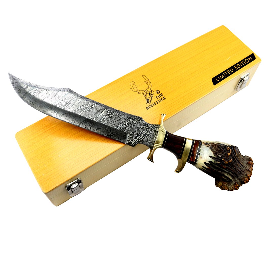 HUNT-DOWN 17" Damascus Steel Real Stag Horn Handle Hunting Knife Hand Made With Leather Sheath