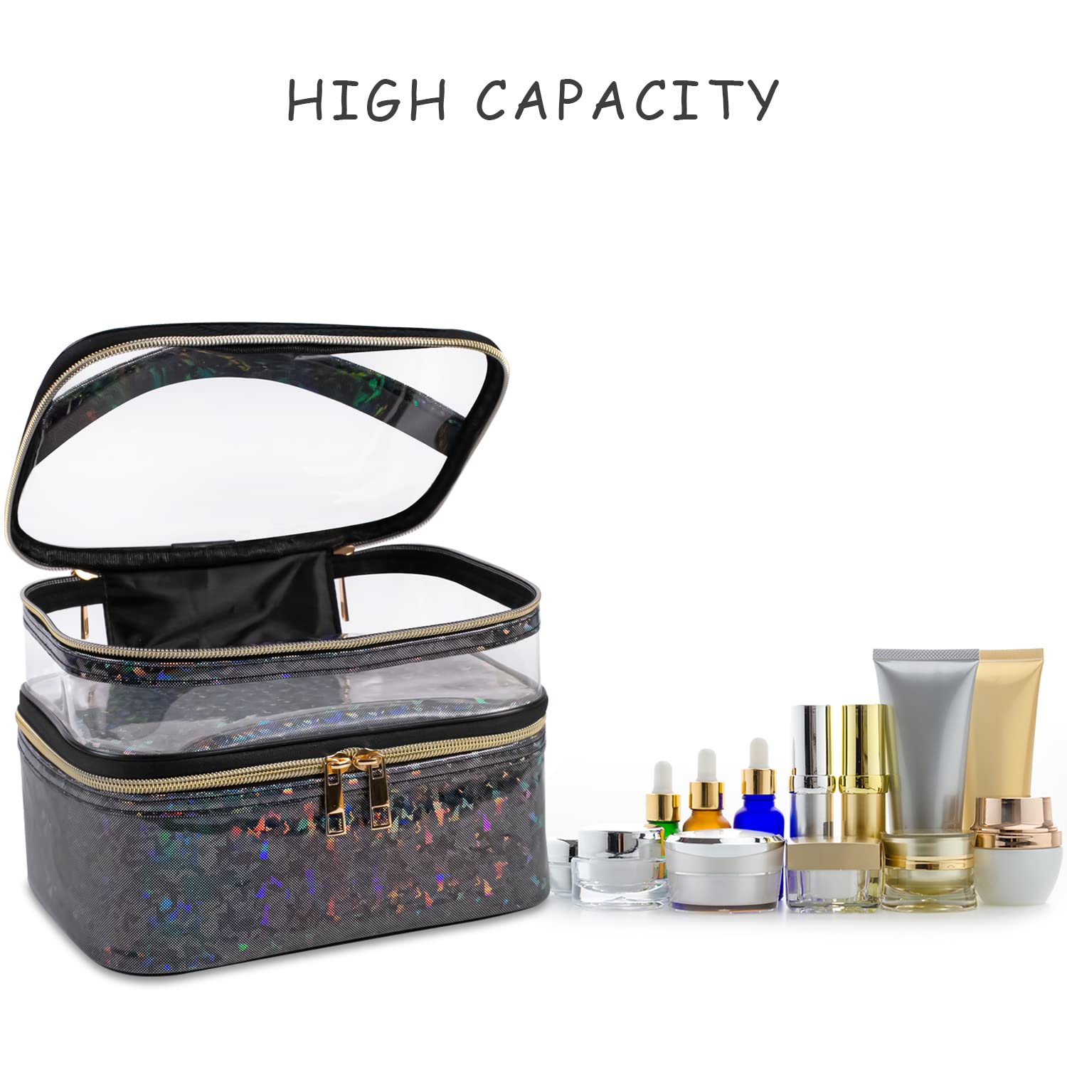 imerelez Double-layer Makeup Bag Cosmetic Bag Travel Makeup Cases Organizer Toiletry Bag Gift for Girls Women, Portable Waterproof (Black)