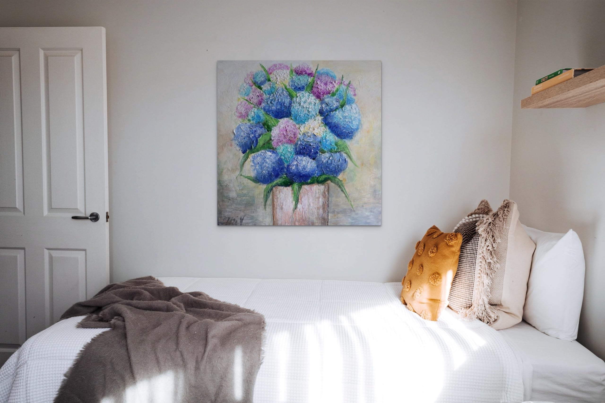 Hydrangea Flowers Blue Lavender White Bouquet in Ceramic Vase, Original Oil Painting