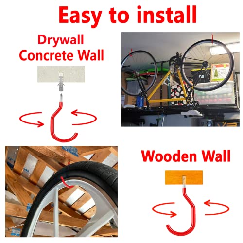 ROTHLEY Garage Hooks Heavy Duty : Bike Hooks for Garage Wall Ceiling Thickened Vinyl Coating Bike Hangers for Garage Large Screw in Storage Hooks Bicycle Hooks for Hanging in Garage (8 Pack,Red)