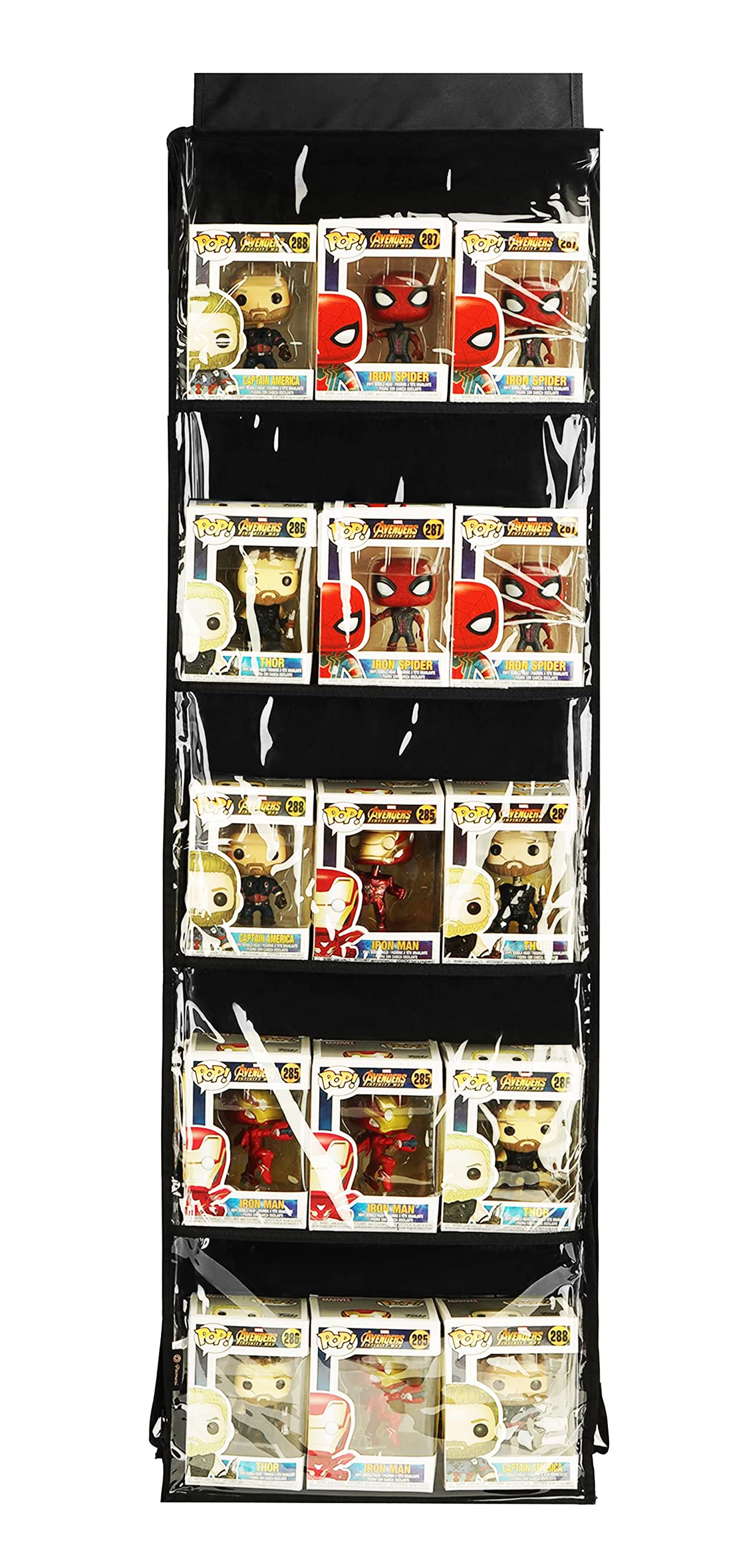 PACMAXI Hanging Over The Door Storage Organizer Storage for Funko Pop with 5 Compartments, Clear Wall Display Toy Figures Organizer Fits 6 Regular Size Funko Pop Boxes (black)