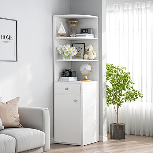 YGYQZ Corner Wood Shelf Stand with Door, Large Corner Bookcase Storage Organizer Corner Ladder Shelf for Living Room, Kitchen, Home Office (Wood Shelf with 1 Door)