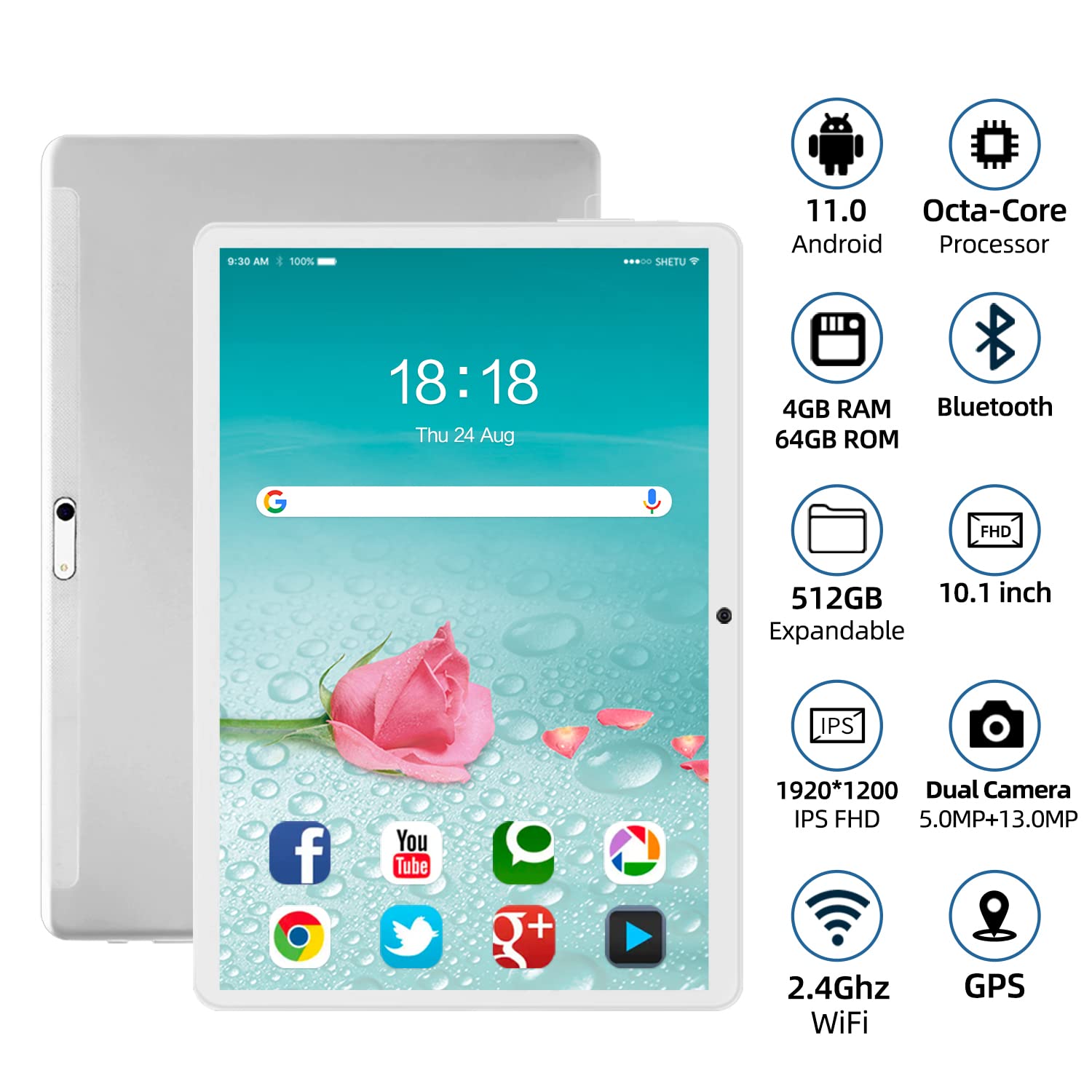 Tablet 10.1 inch Android 11 Tablet Latest Update Octa-Core Processor with 64GB ROM +4GB RAM Storage, Dual 13MP+5MP Camera, WiFi, Bluetooth, GPS, 512GB Expand Support, IPS Full HD Display Tablet