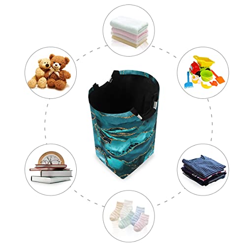 Teal Blue and Gold Laundry Basket, Waterproof Laundry Hamper, Laundry Bag with Padded Handles, Clothes Hamper Stands Up Well, Collapsible Laundry Basket Easy Storage