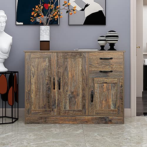 SSLine Rustic Coffee Bar Cabinet Farmhouse Elegant Kitchen Sideboard Living Room Storage Cabinet w/2 Drawers& 3 Doors Dining Room Buffet Accent Console Table for Entryway Hallway -Antique Brown