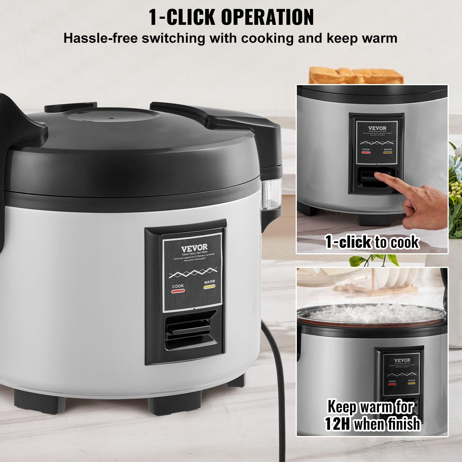 VEVOR Commercial Rice Cooker, 9.51Qt/45 Cups Cooked Rice, Large Rice Cooker and Warmer with Nonstick Inner Pot, Fast Cooking and 12-Hour Keep Warm, with Rice Cup and Paddle, for Restaurant