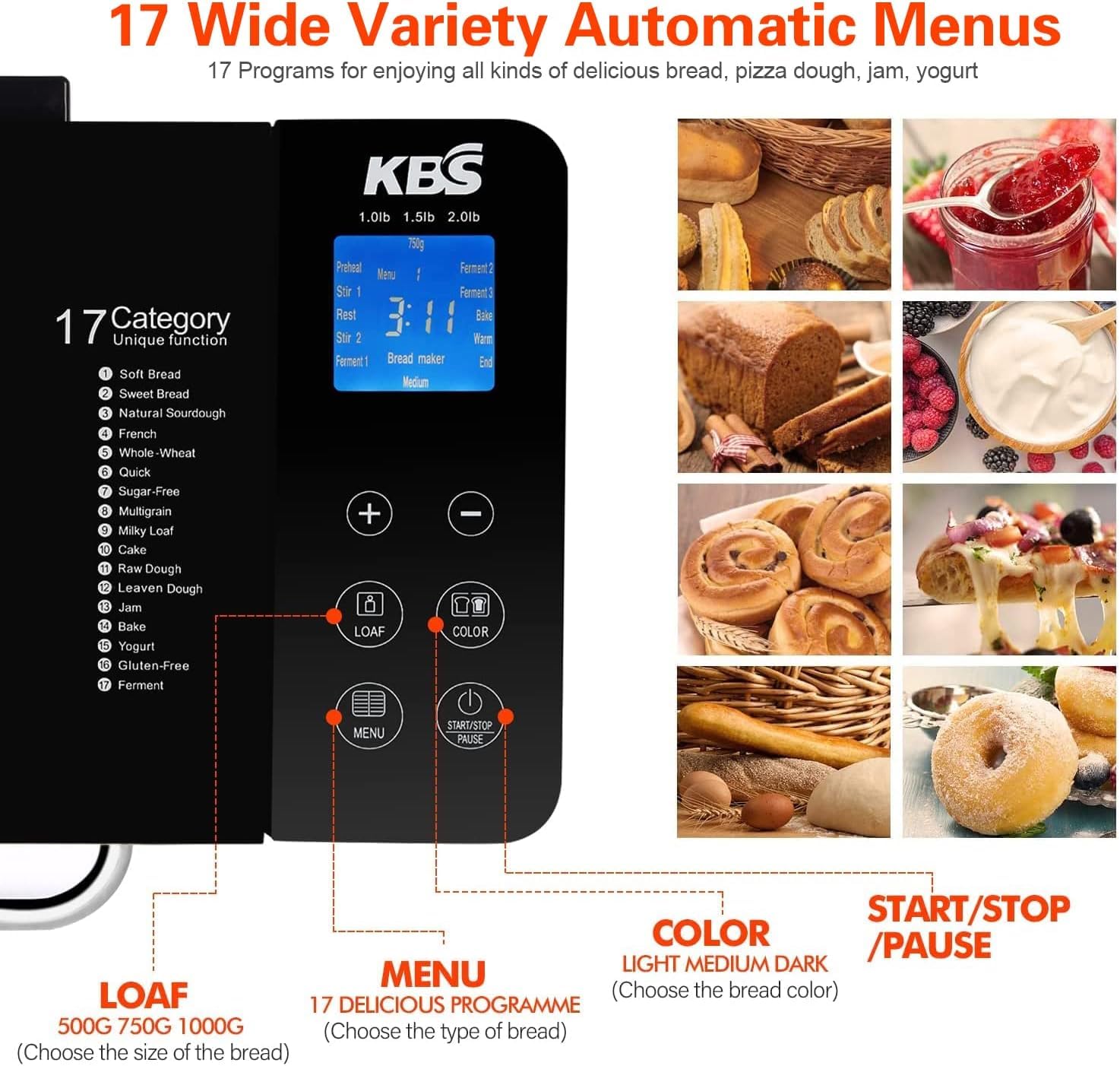 KBS 17-in-1 Bread Maker,710W Dual Heaters Bread Machine,2LB Stainless Steel Bread Maker Machine with Nut Dispenser&Ceramic Pan,15H Timer&1H Keep Warm,Gluten-Free,Touch Panel,3 Loaf Sizes3 Crust Colors