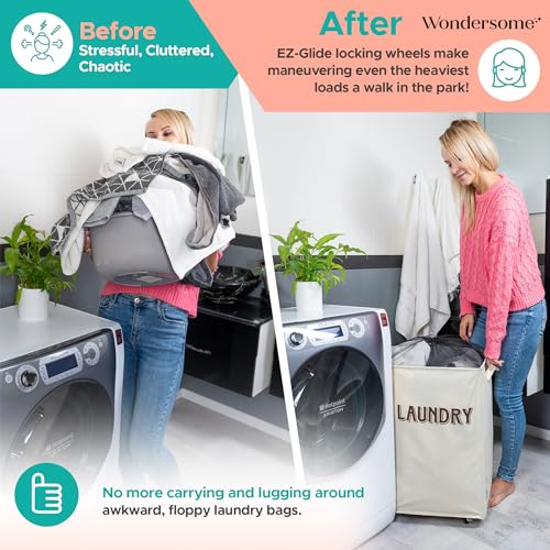 Wondersome Laundry Hamper with Wheels - Farmhouse Cream - 90-Liter Extra Large Collapsible Rolling Clothes Cart - Heavy Duty Locking Metal Wheel Tall Rectangular Canvas Storage Basket - US-Based Brand