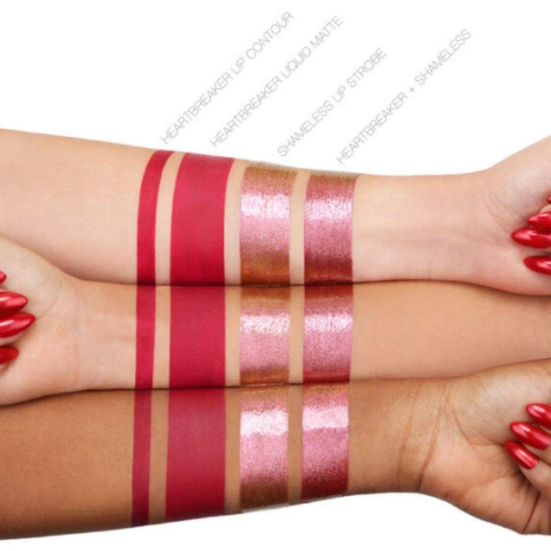 HUDA BEAUTY Holiday Contour & Strobe Lip Set: Heartbreaker β lip pencil & liquid lip, Shameless β lip strobe