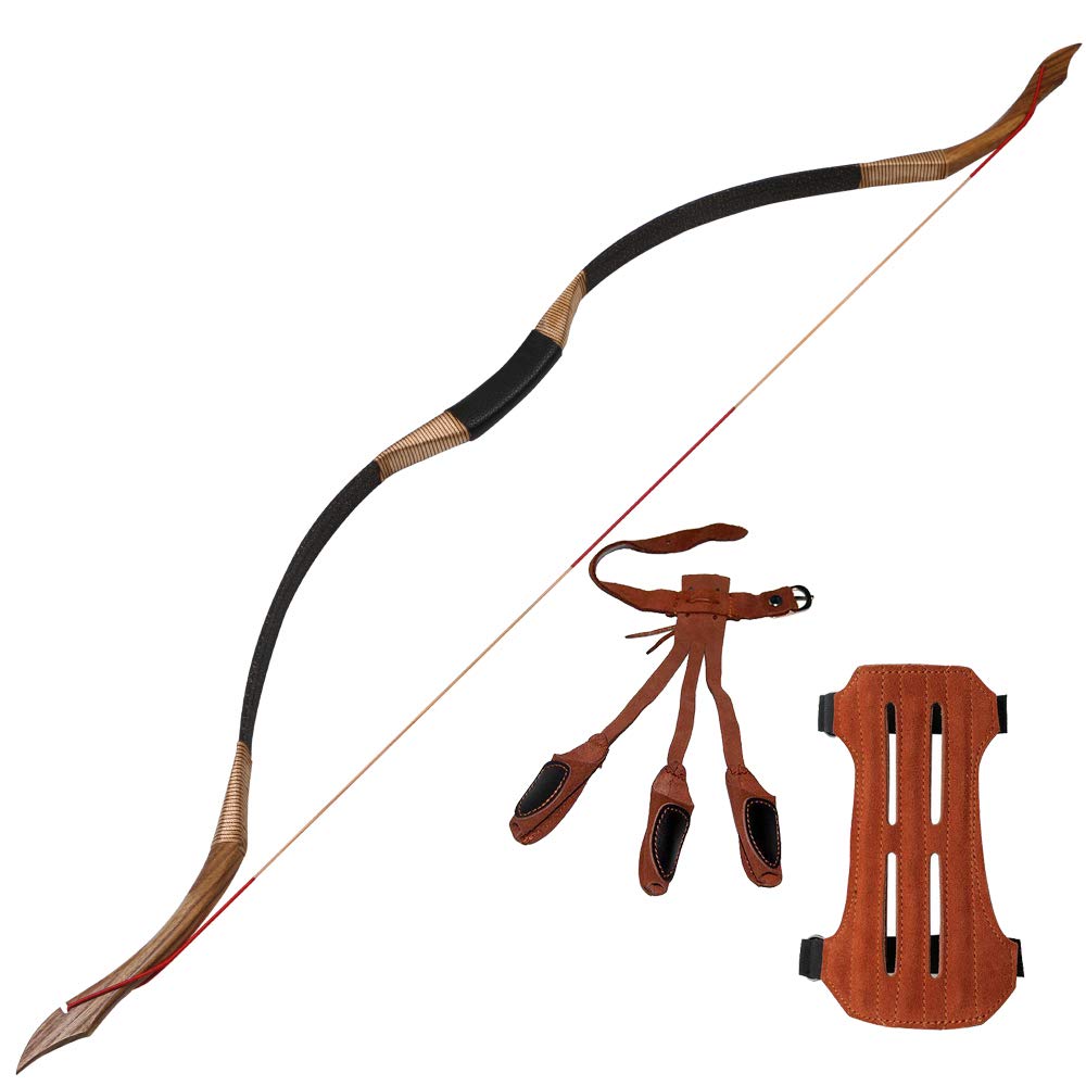 I-Sport Archery Traditional Recurve Longbow for Practice Hunting Shooting Target Handmade Wooden Mongolian Horsebow Protector Finger Guard Arm Guard 30lbs-50lbs ⦠(35)