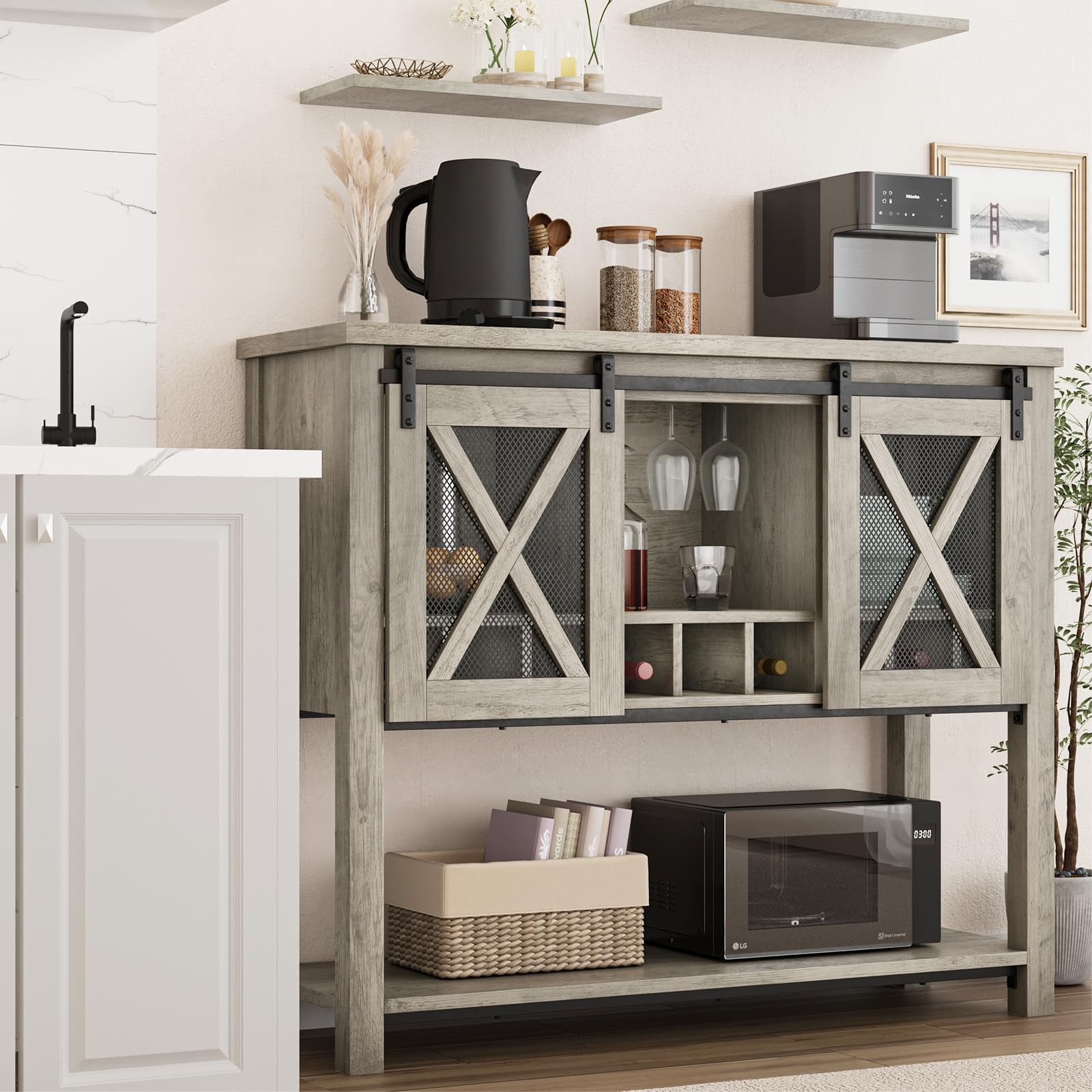 IDEALHOUSE Coffee Bar Cabinet, Sideboard Buffet Storage Cabinet with Storage, Farmhouse Wine Bar Cabinet with Wine Glass Rack, Liquor Cabinet Bar for Home, Kitchen, Dining, Living Room