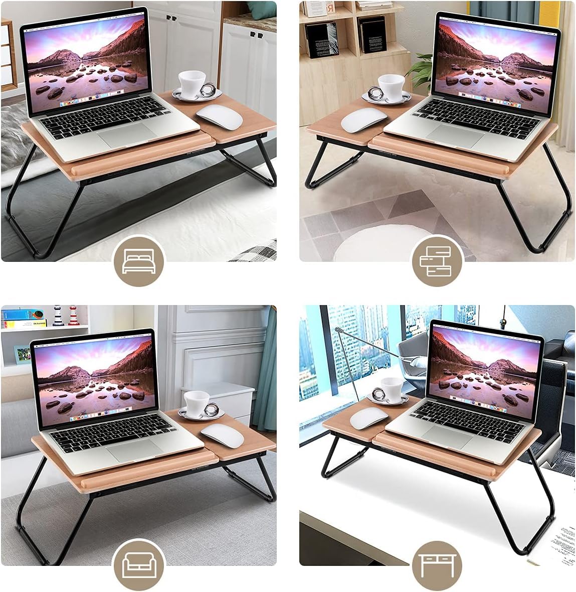 Home Office Desks, Folding Laptop Bed Table, Adjustable Lap Standing Desk Breakfast Bed Tray with 4-Angle Tilting Top, Portable Notebook Stand Reading Holder for Bed Sofa Computer Desk,