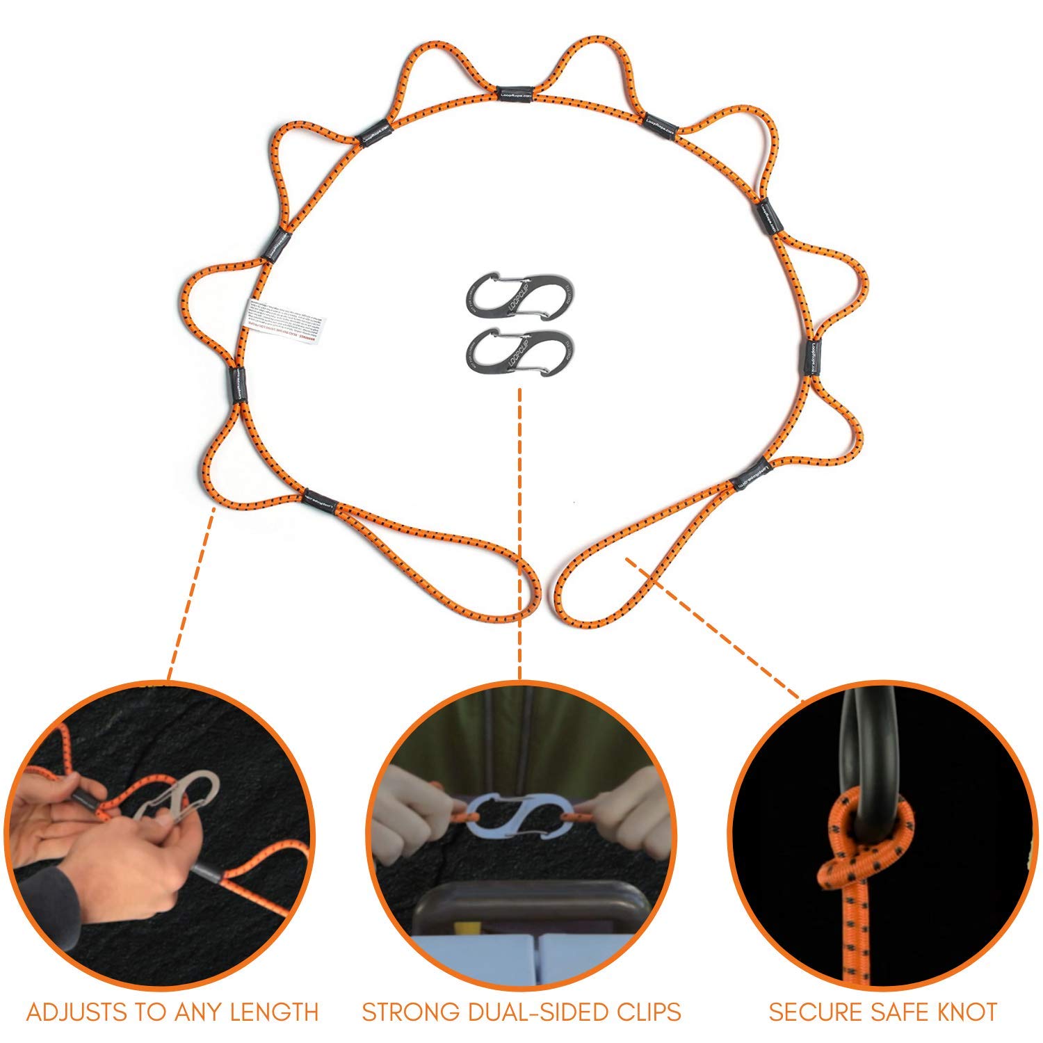 LOOPROPE | Bungee Cord Tie Down System | Adjustable Cargo Strap | Knot Free | Truck, RV, ATV, Camping, Outdoor Accessory, Multipurpose | Loop, Clip and Go | 3 Feet (Orange)