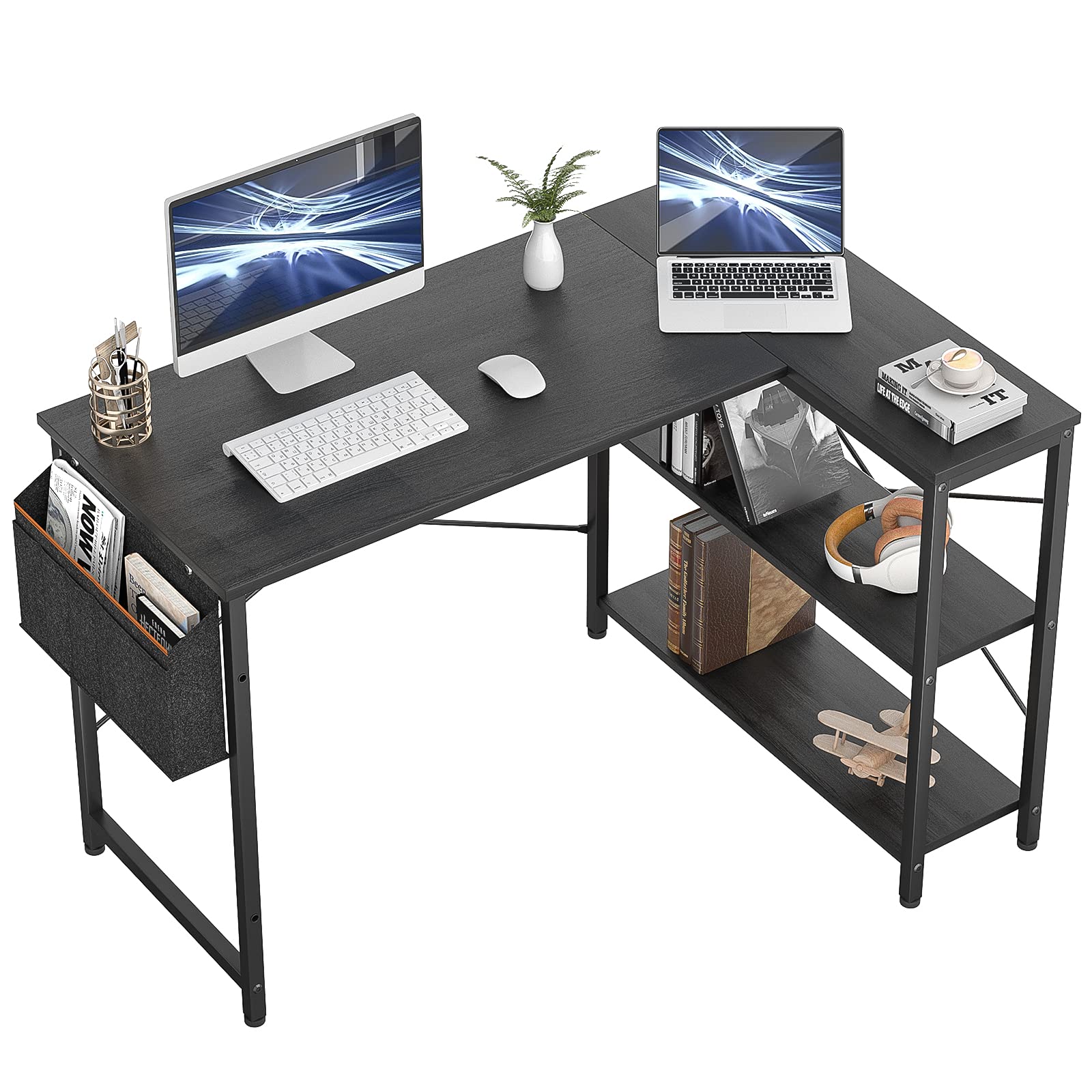 Homieasy Small L Shaped Computer Desk with Reversible Storage Shelves for Home Office Workstation,47 Inch Modern Simple Style Writing Corner Table with Storage Bag(Pink)