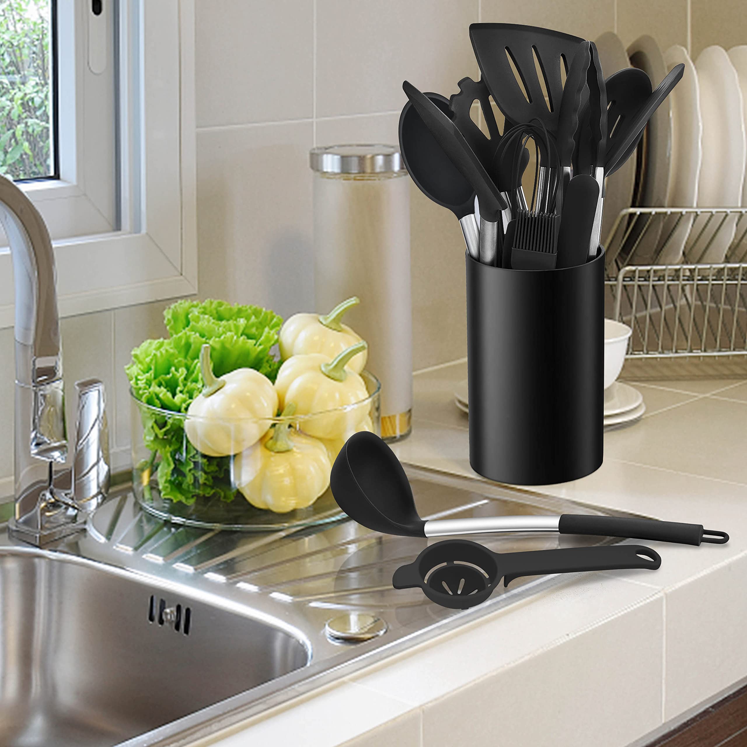 Homikit 15 Pieces Kitchen Cooking Utensils Set with Holder, Gray Silicone Utensil Sets Stainless Steel Handle, Nonstick Kitchen Tools with Spatulas Spoons Turner Tong for Cookware, Heat Resistant