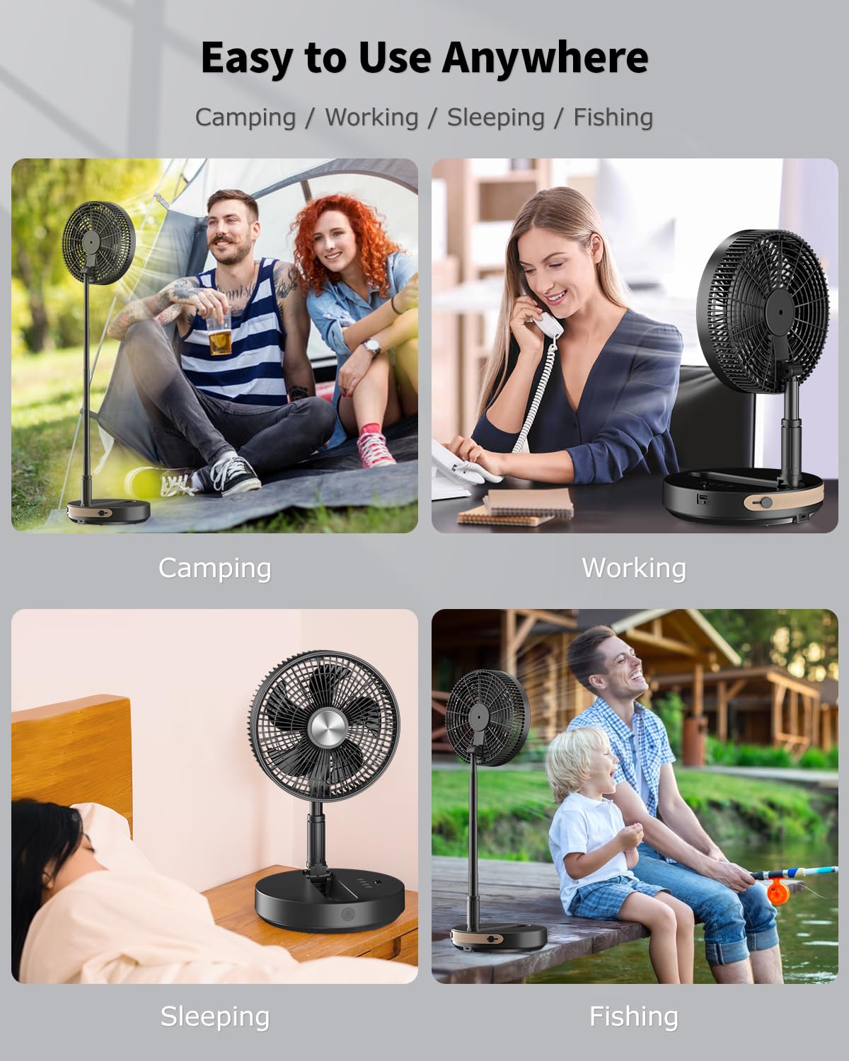 ICEBIRDS Portable Oscillating Standing Fan, 10" Foldaway Desk Fan, 10800mah Rechargeable Quiet Height Adjustable Floor Fan, 50H Working Time, Pedestal Fans for Indoor, Outdoor Camping