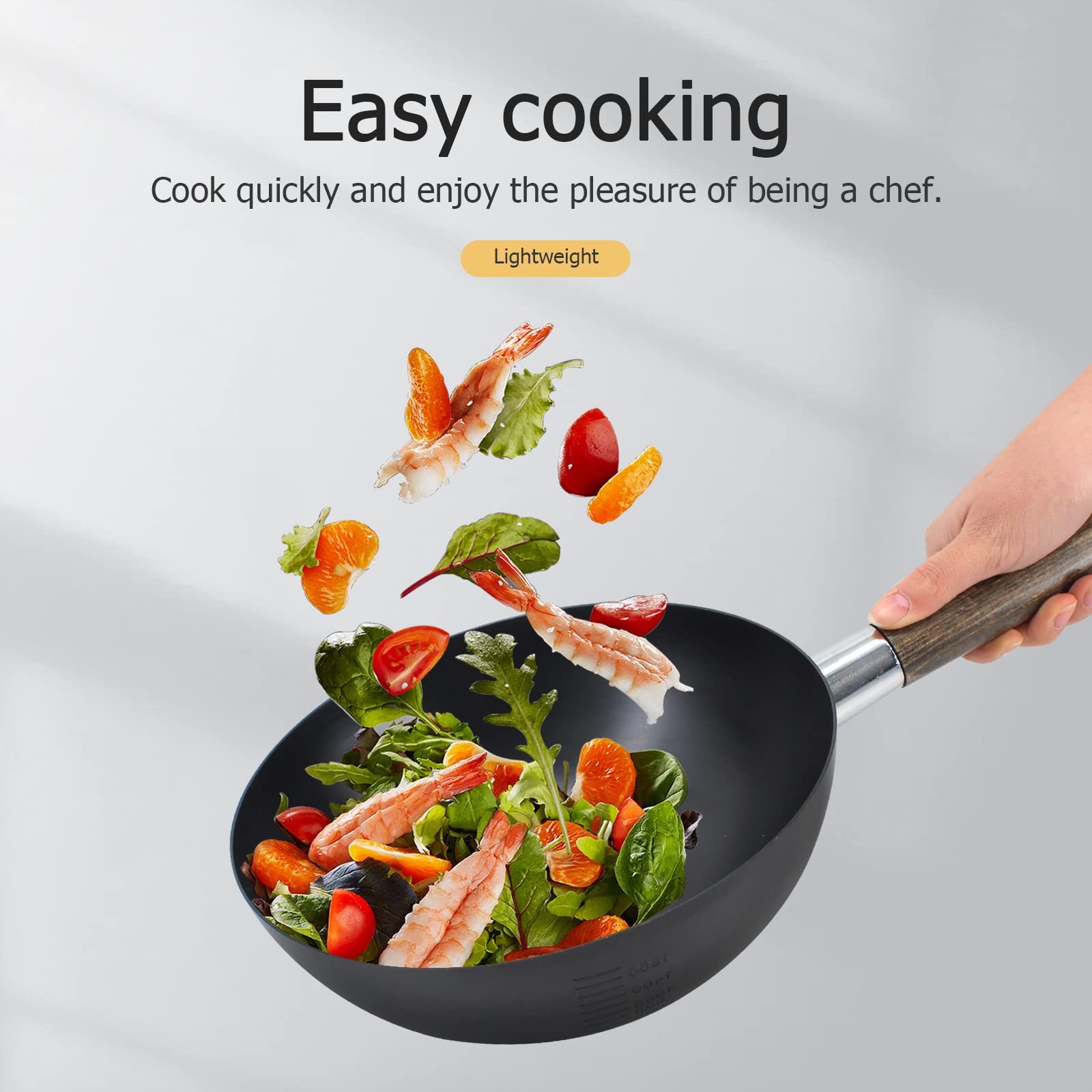 POLARBEAR Camping Iron Stir-Fried Wok 9" Uncoated Chinese Style Small Deep Wok Flat Bottom Wok with Iron Lid & Handle for All Stoves