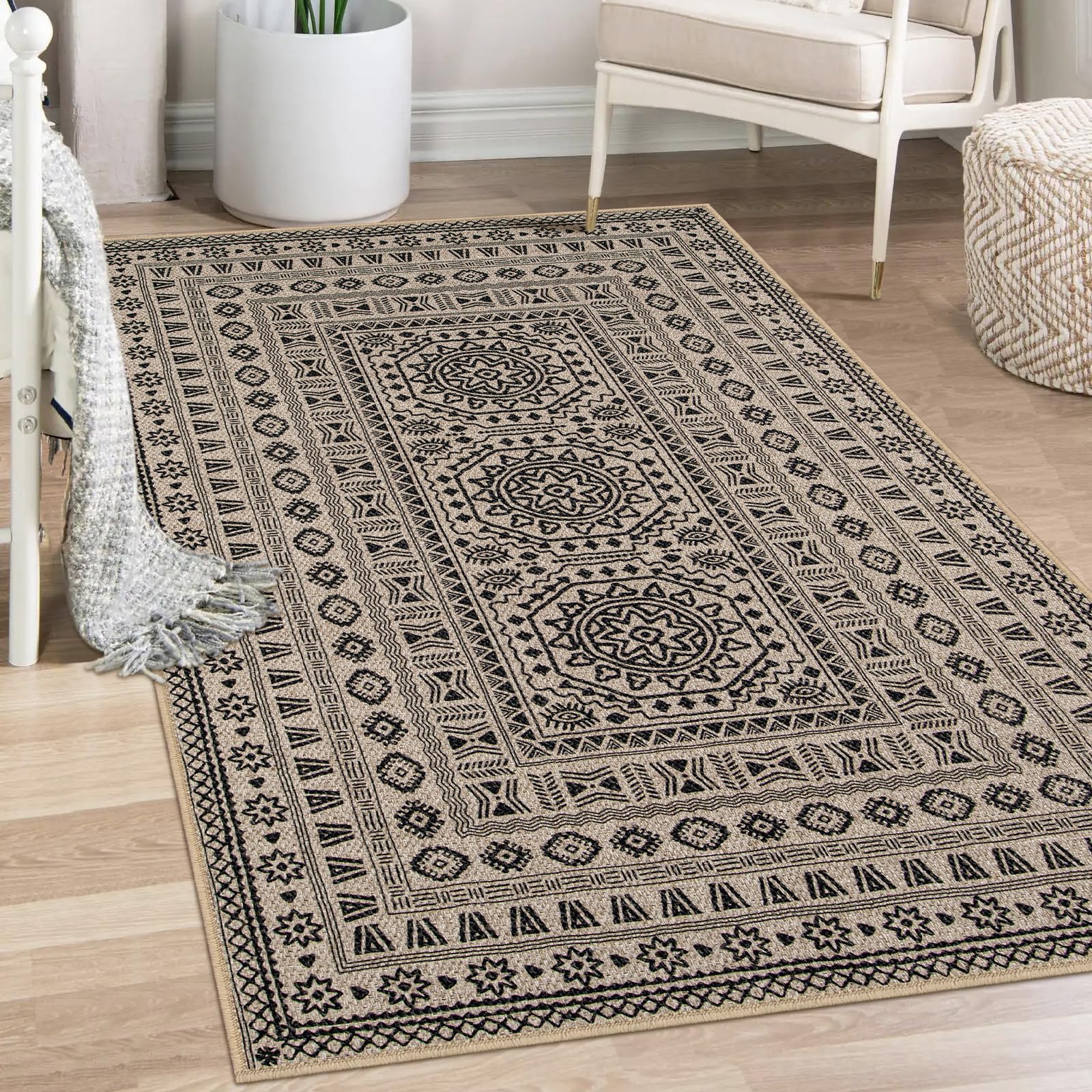 Lahome Mandala Easy Jute Rug - 3 x 5 Farmhouse Sisal Rugs for Bedroom Ultra-Thin Natural Rugs Non Slip Washable Front Door Mat Small Carpet for Entryway Patio Living Room Kitchen(3'x 5',Black