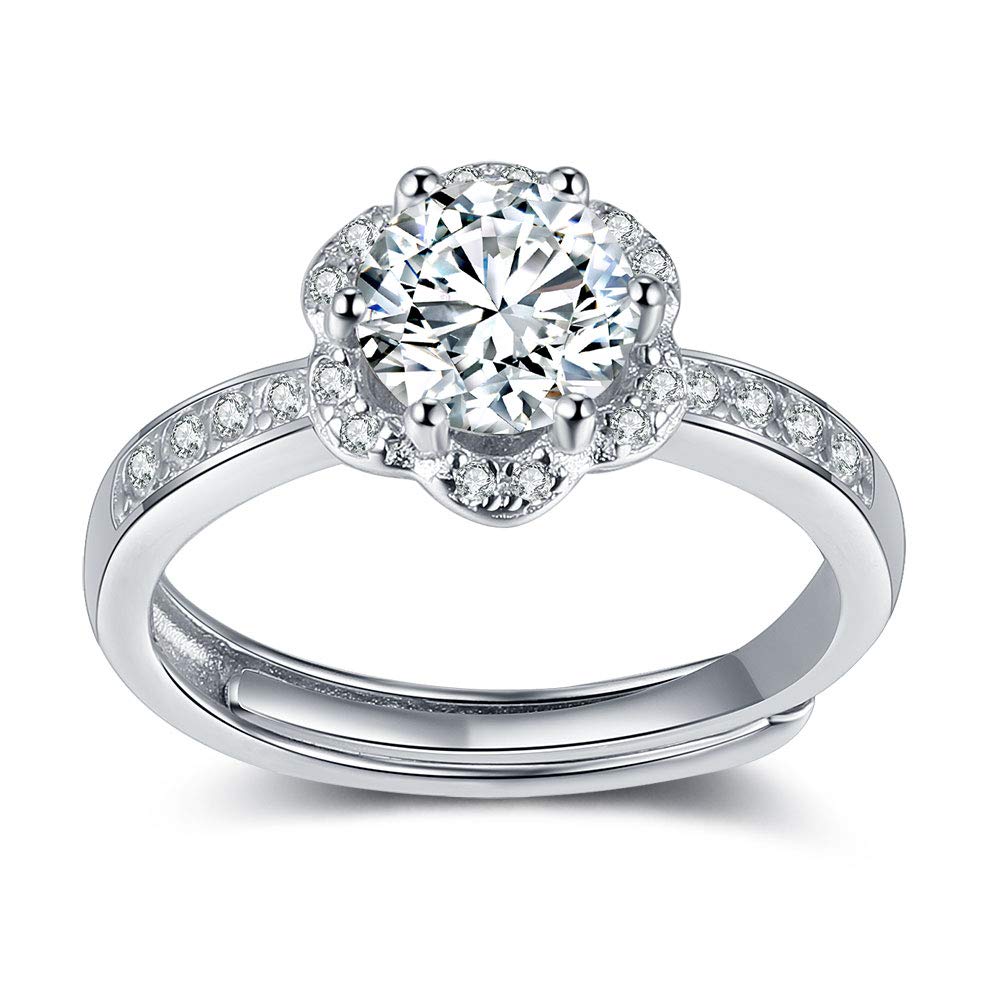 lorajewel Flower Brilliant Cut 1.0 ct Solitaire Moissanite Ring 6 Prong Adjustable 925 Sterling Silver Promise Engagement Ring for Women (Silver)