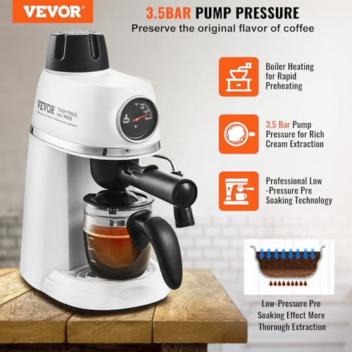 VEVOR Espresso Machine, 3.5 Bar Espresso Maker with Milk Frother Steam Wand, 4-Cup Professional Coffee/Espresso Machine with Temp Gauge for Latte Cappuccino, NTC Control System