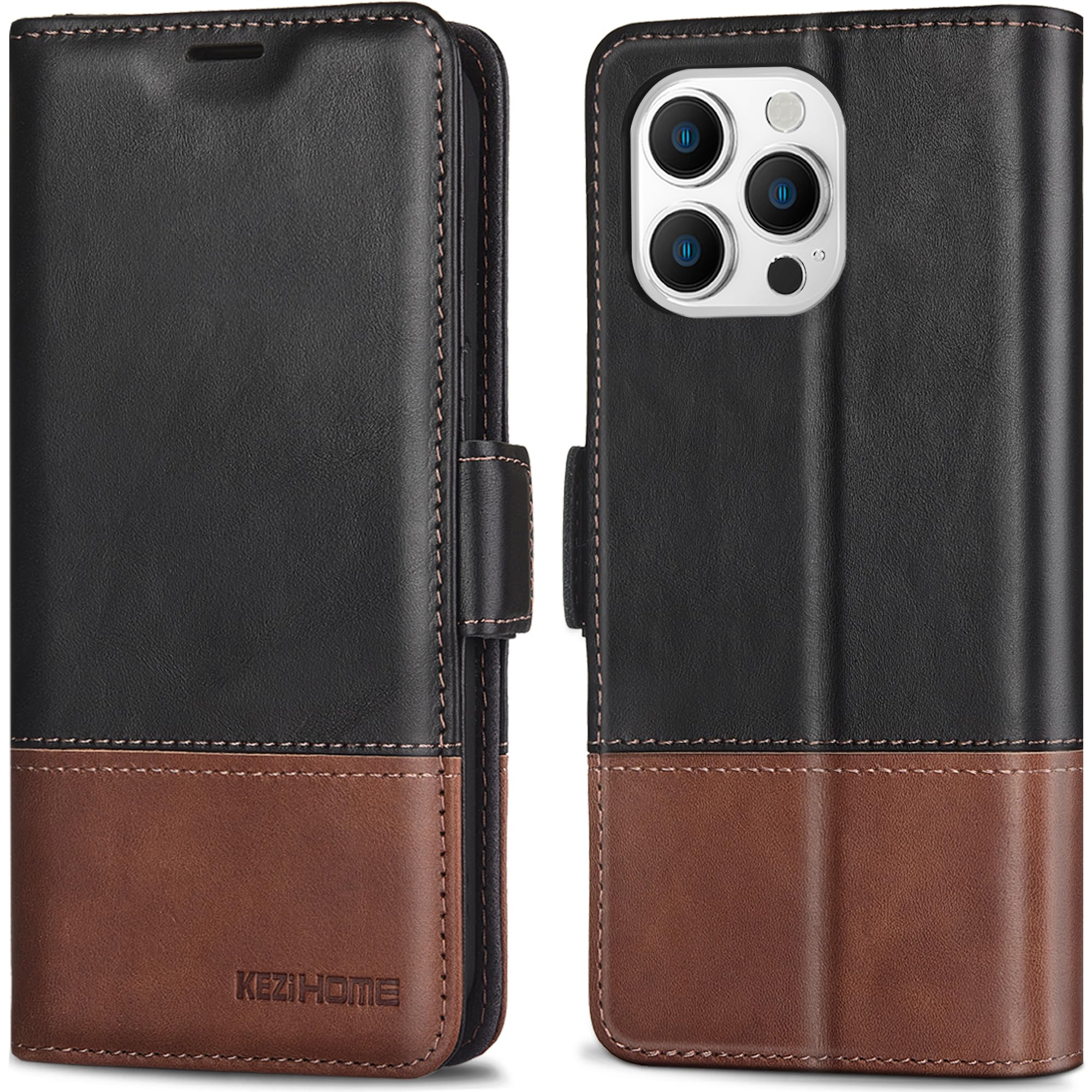 KEZiHOME iPhone 15 Pro Max Wallet Case, Genuine Leather [RFID Blocking] iPhone 15 Pro Max Case Card Slot Magnetic Stand Phone Cover Flip Case Compatible with iPhone 15 Pro Max 5G (Gray/Brown)