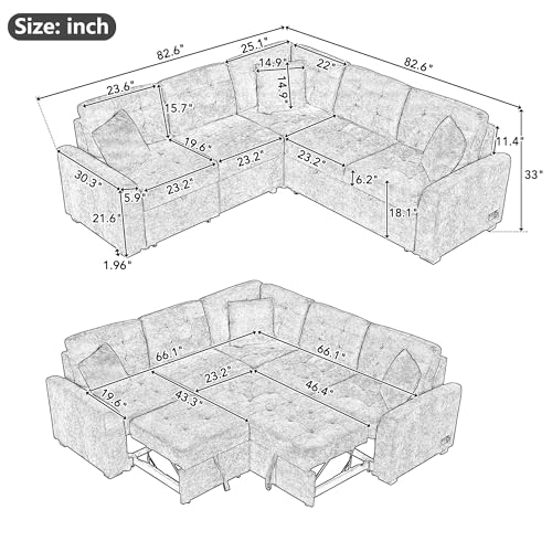WOODRK 82.6" L-Shaped Sleeper Sofa Bed with Pull-Out Beds, Modern Convertible Couch with Wheels, USB Charging Ports, Power Sockets and 3 Pillows, for Living Room, Office, Brown