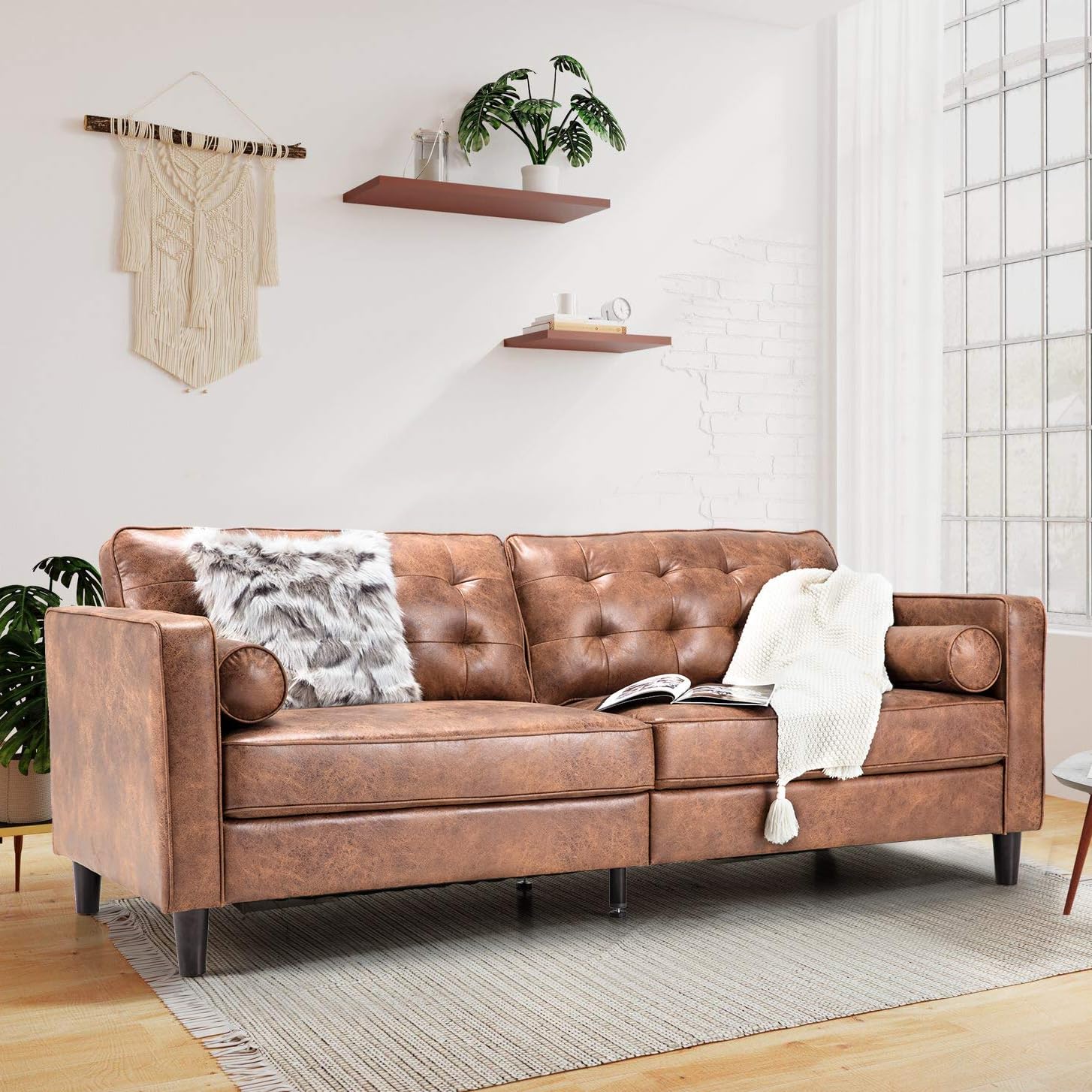 YODOLLA 84.2" Leather Sofa Couch, Mid-Century Modern Sofa with 2 Bolster Pillows, 3 Seats Sofa Vintage Couch for Living Room, Studio and More, Brown
