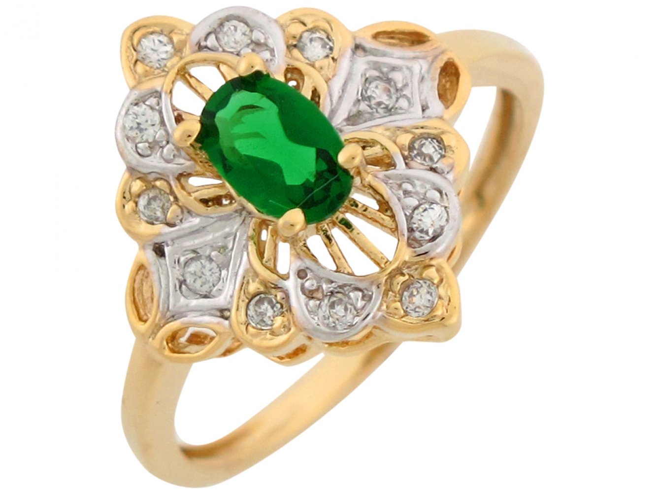 Jewelry Liquidation 10k Two Tone Gold Simulated Oval Emerald and White Round CZ Fancy Ladies Ring